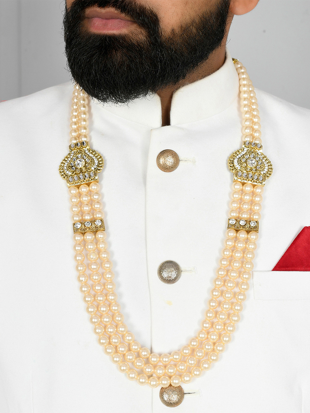 Buy Sanjog Men Gold Toned & White Brass Necklace Dulha Moti Mala Haar ...