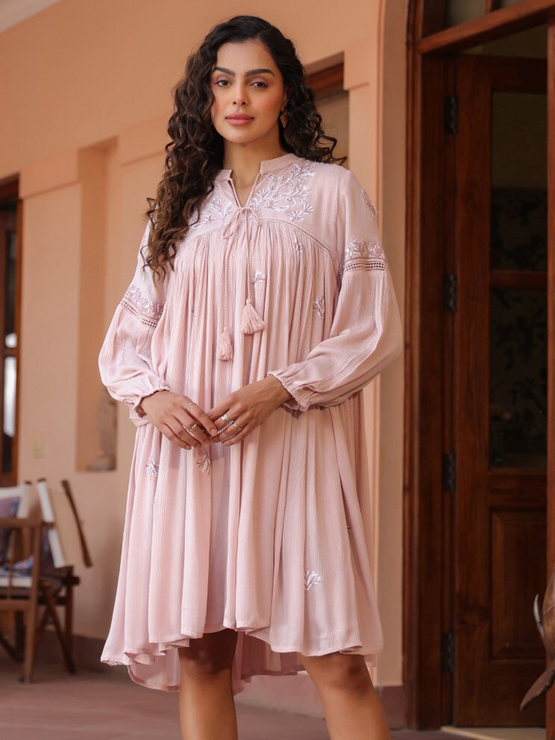 Buy Nyaro Floral Embroidered Puff Sleeve Crepe A Line Midi Dress - Dresses for Women 29045980 ...