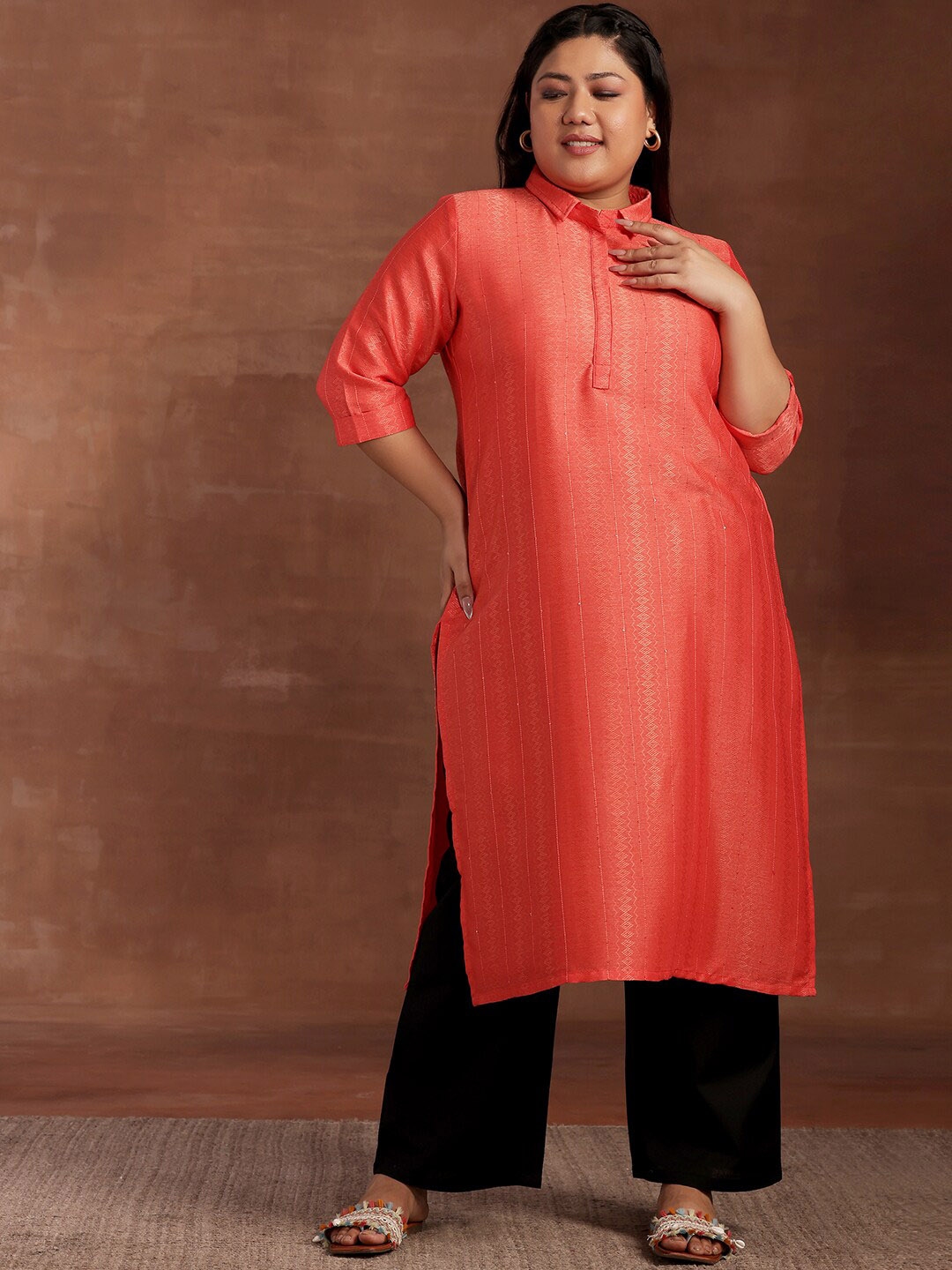 Buy Extra Love By Libas Plus Size Mandarin Collar Cotton Straight Kurta