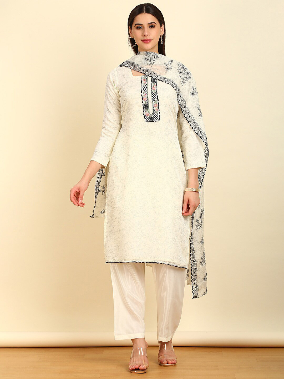 Buy Soch Off White Floral Printed Organza Unstitched Dress Material ...