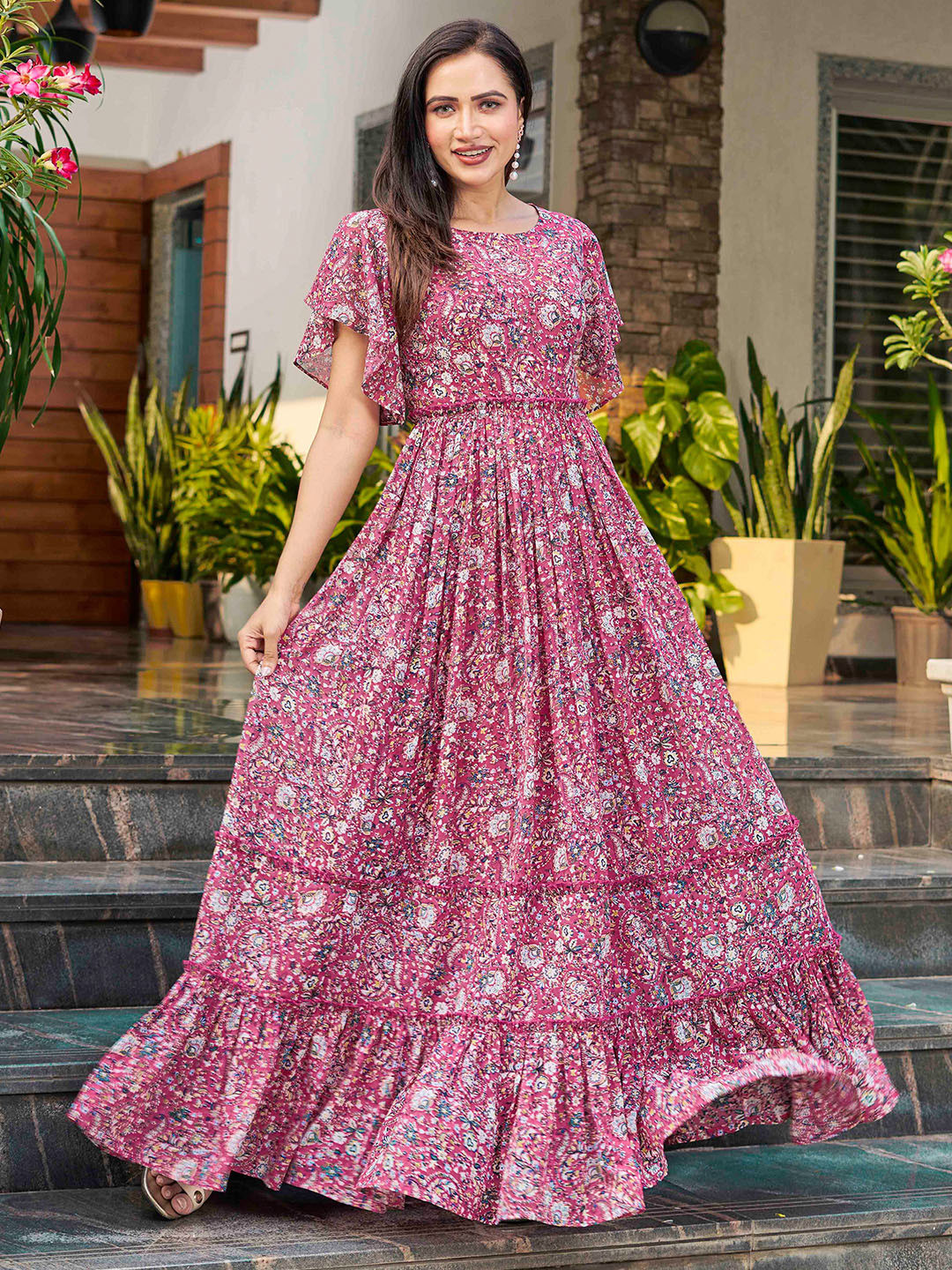 Buy ODD BY Chansi TRENDZ Floral Printed Georgette Flared Ethnic Dress ...