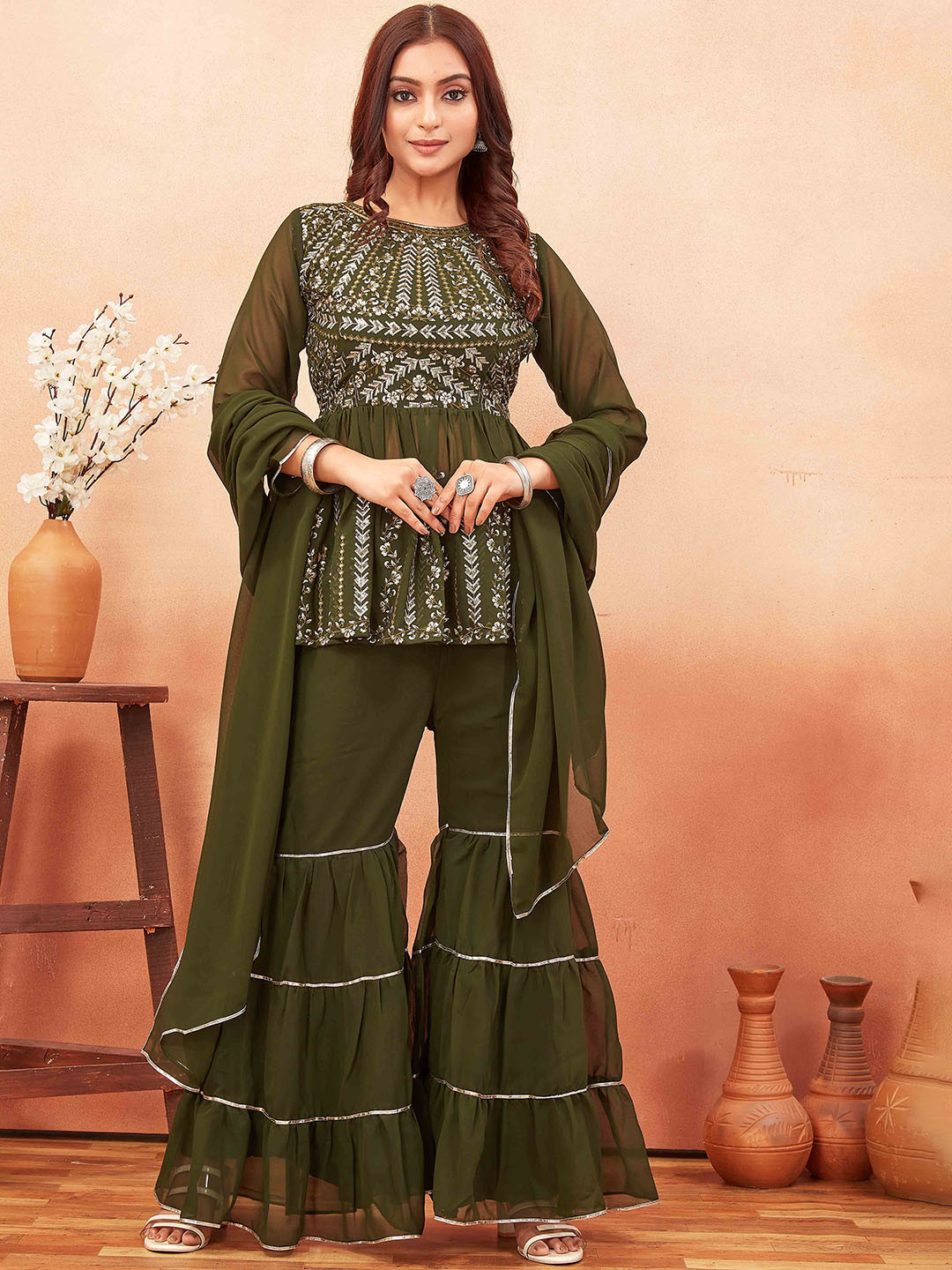 Buy ODD BY Chansi TRENDZ Floral Embroidered Thread Work Kurti With Sharara & Dupatta - Kurta ...