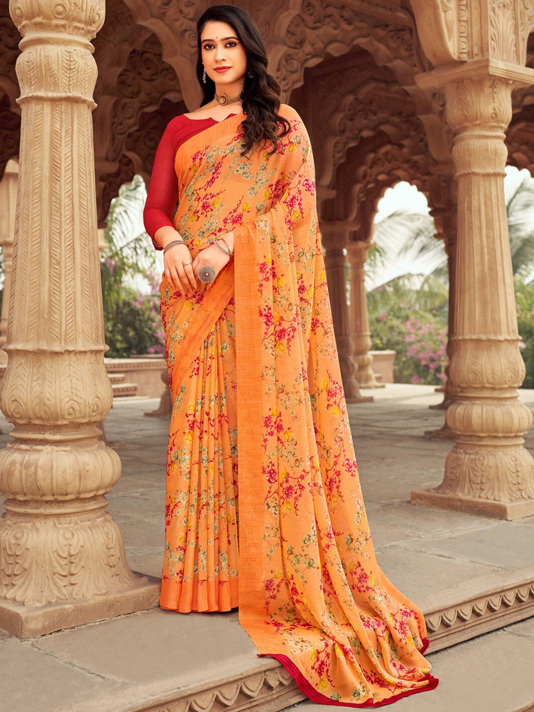 Buy Anouk Rustic Orange Floral Printed Pure Chiffon Bagh Saree - Sarees ...