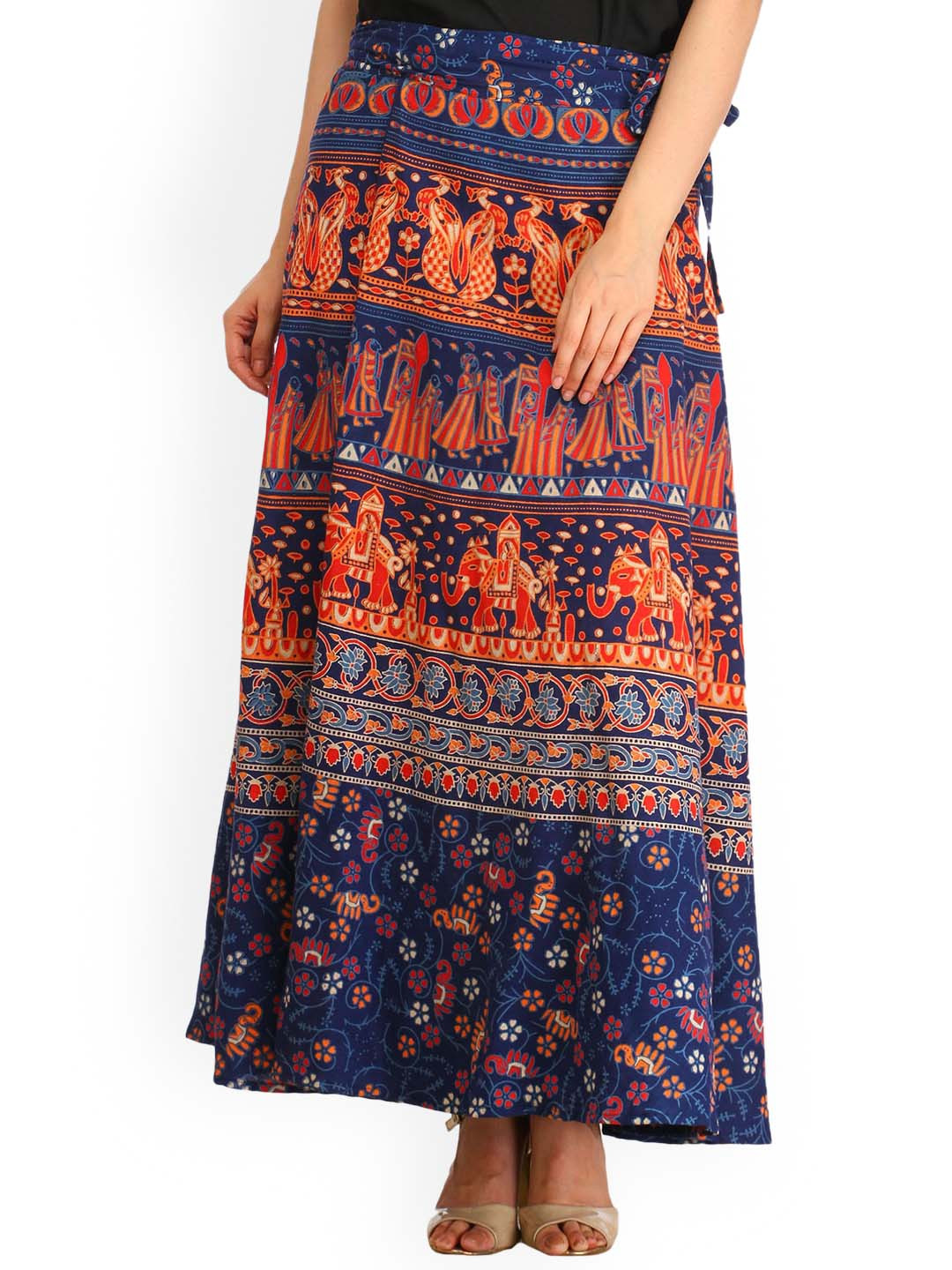 Buy Exotic India Wrap Around Estate Blue Long Skirt With Printed ...
