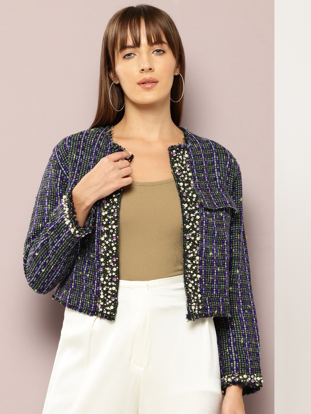 Buy Aaliya Lightweight Crop Open Front Jacket With Embellished Detail ...