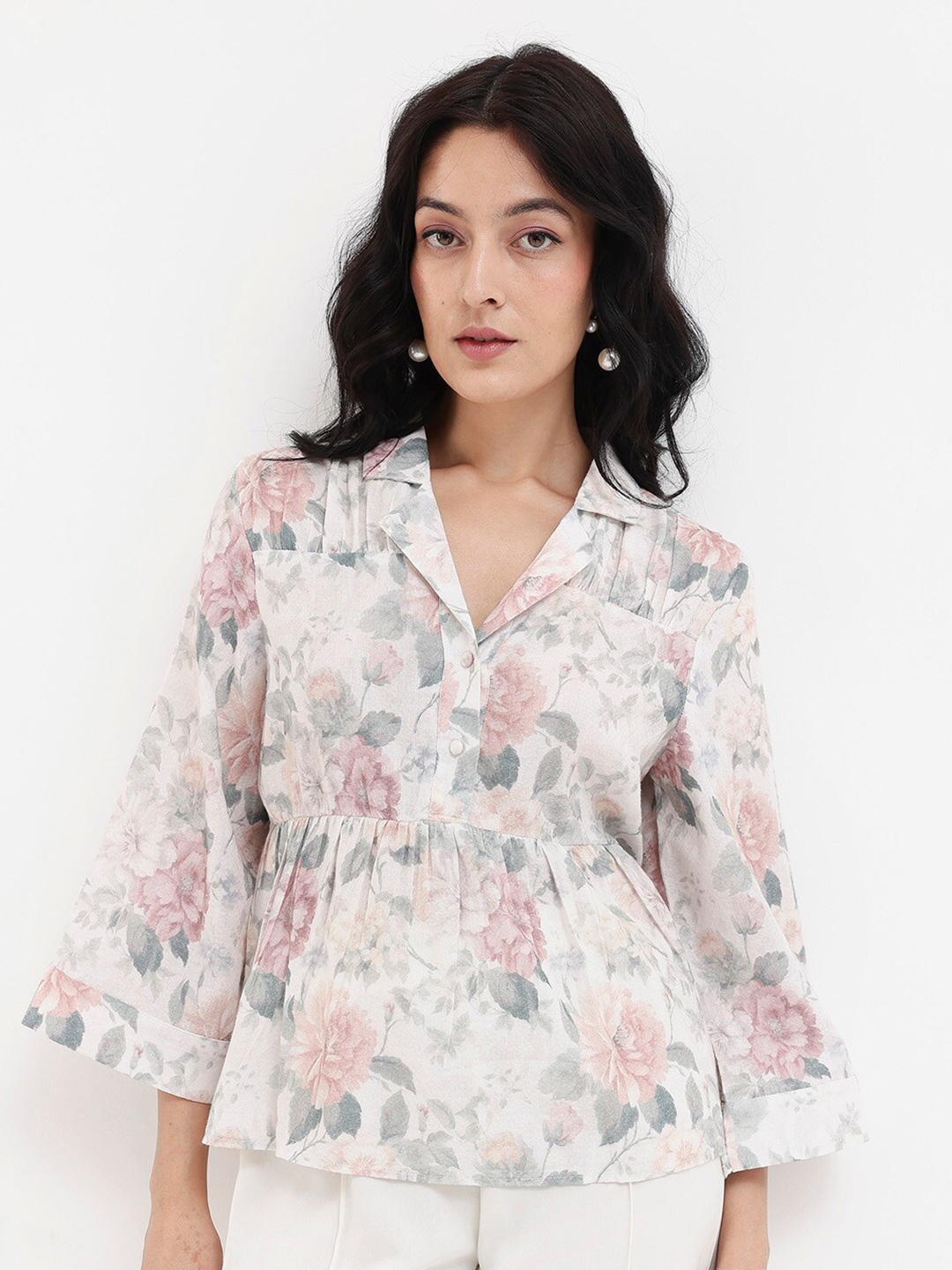 Buy Rareism Floral Printed Cuban Collar Bell Sleeve Cotton Top Tops