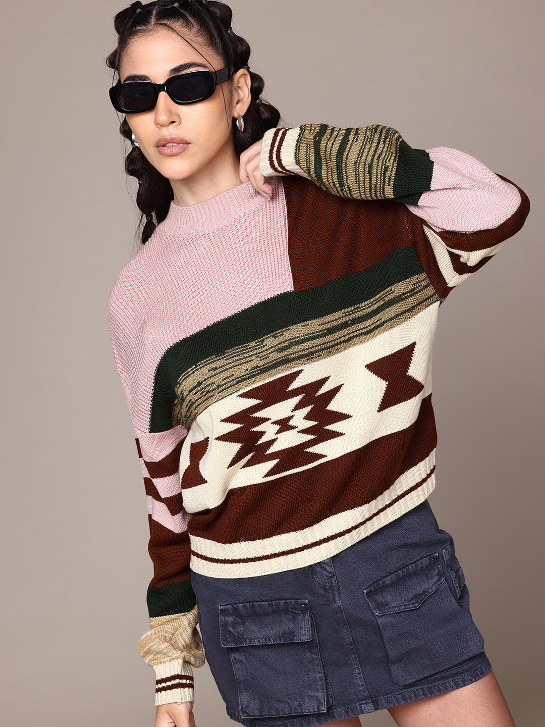 Buy Roadster The Lifestyle Co. Acrylic Geometric Self Design Pullover ...