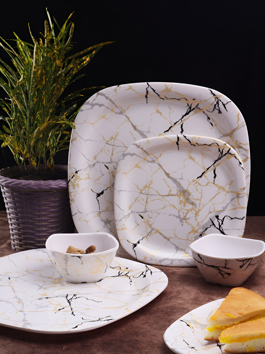 Buy Aura White & Grey 18 Pieces Printed Melamine Glossy Dinner Set ...