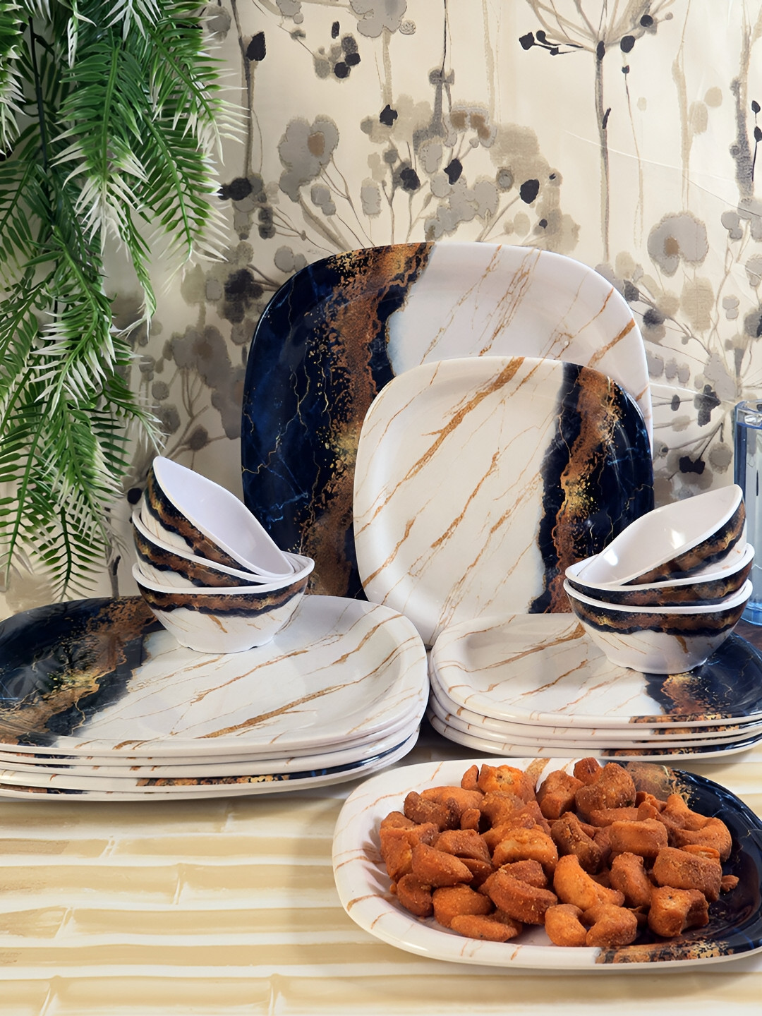 Buy Aura White & Brown Pieces Printed Melamine Glossy Dinner Set ...