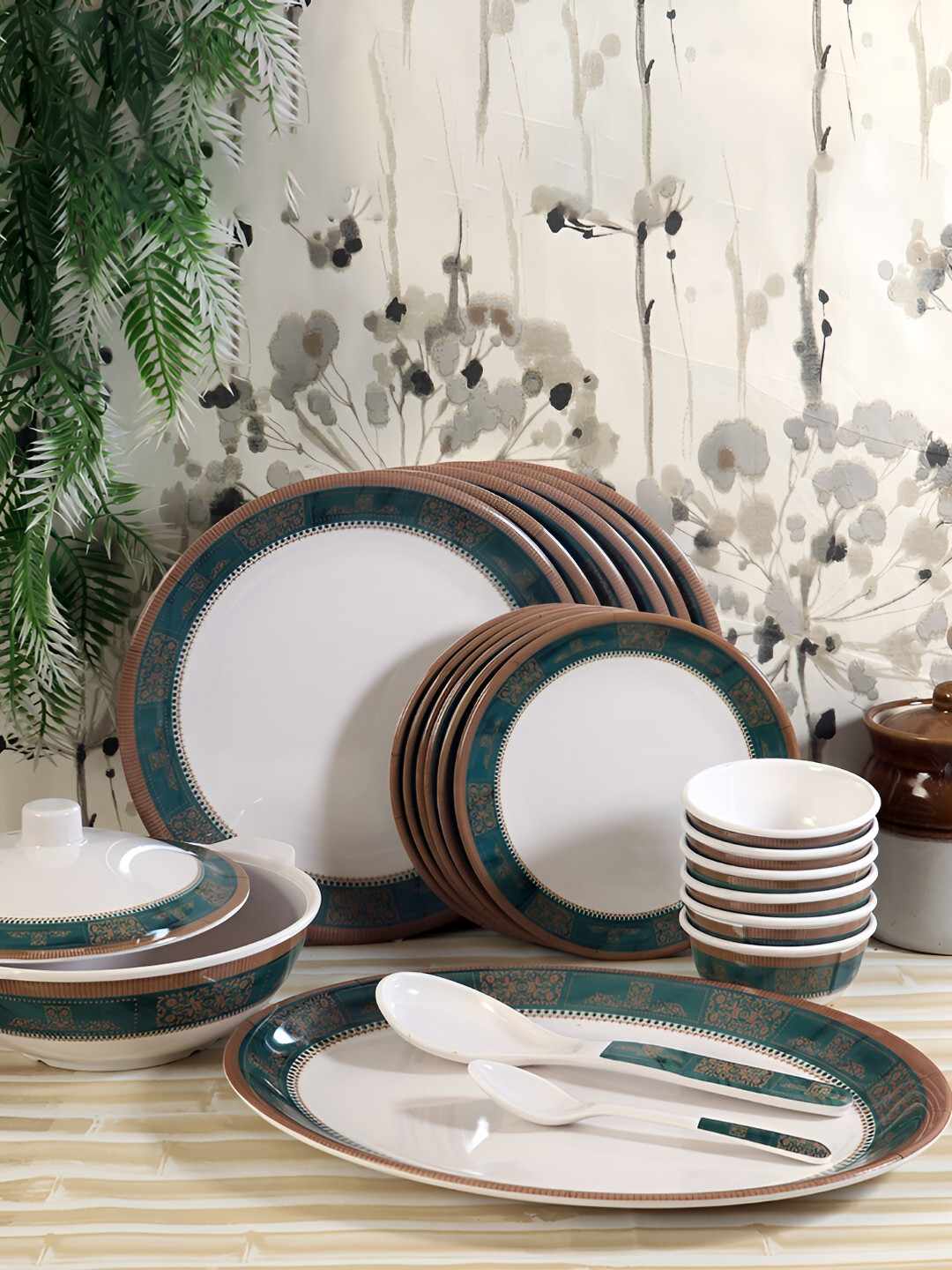 Buy Aura White & Brown Pieces Printed Melamine Glossy Dinner Set ...