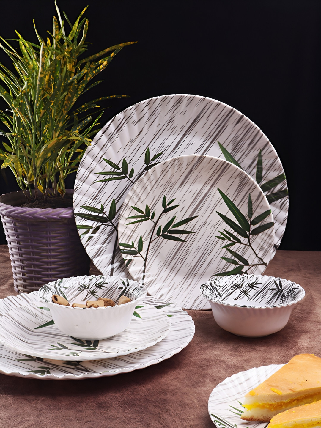 Buy Aura White & Green Pieces Printed Melamine Glossy Dinner Set ...