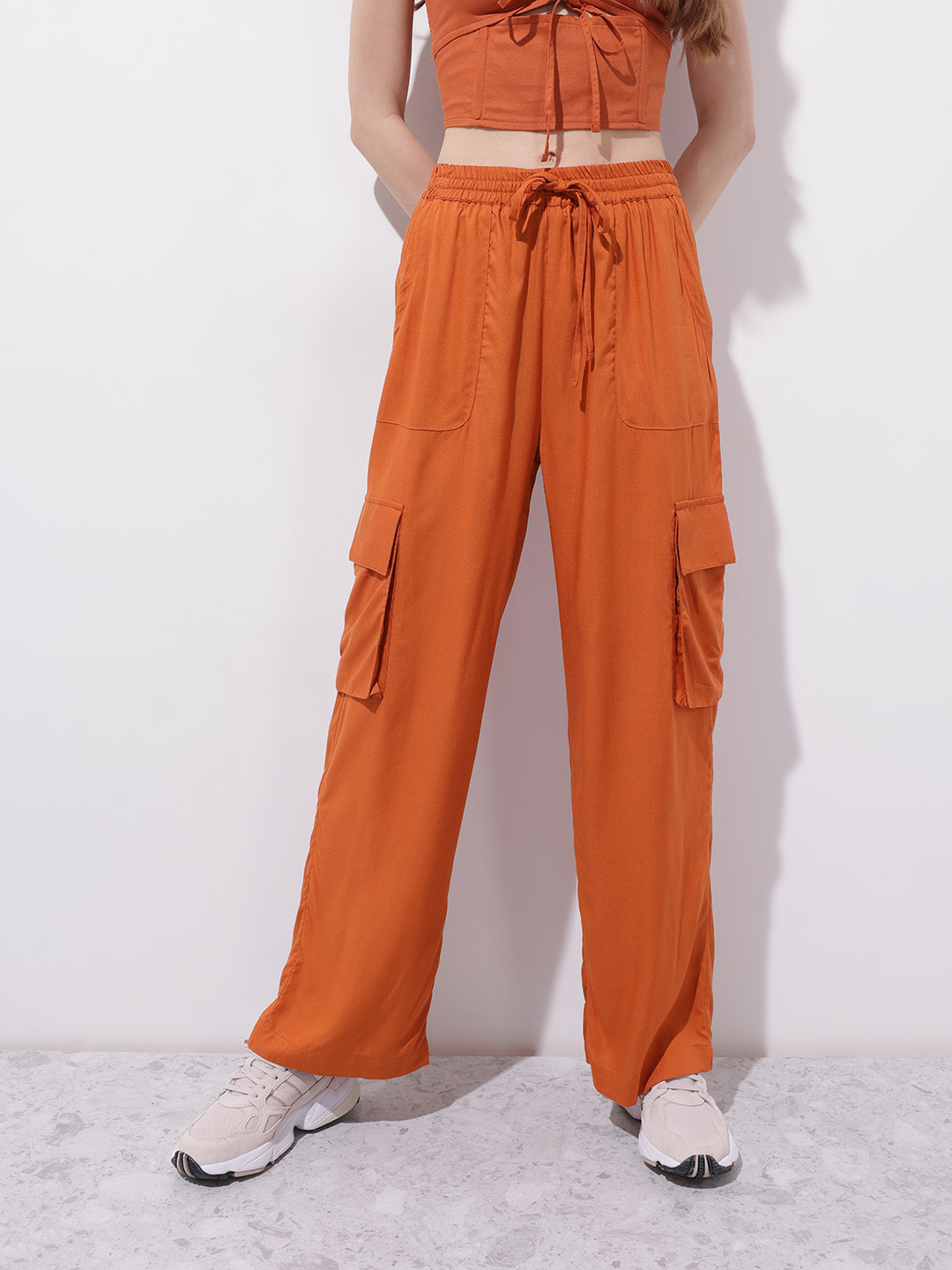 Buy DressBerry Women Burnt Orange Futuristic Utility Cargos - Trousers ...