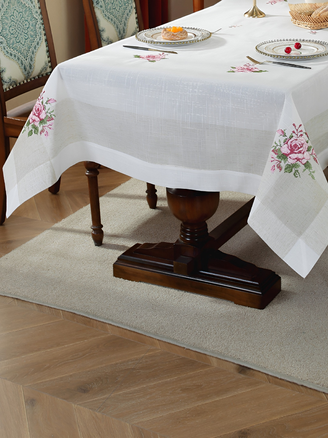 Buy MONKDECOR Pink & White Floral Embroidered Linen Table Cover - Table ...