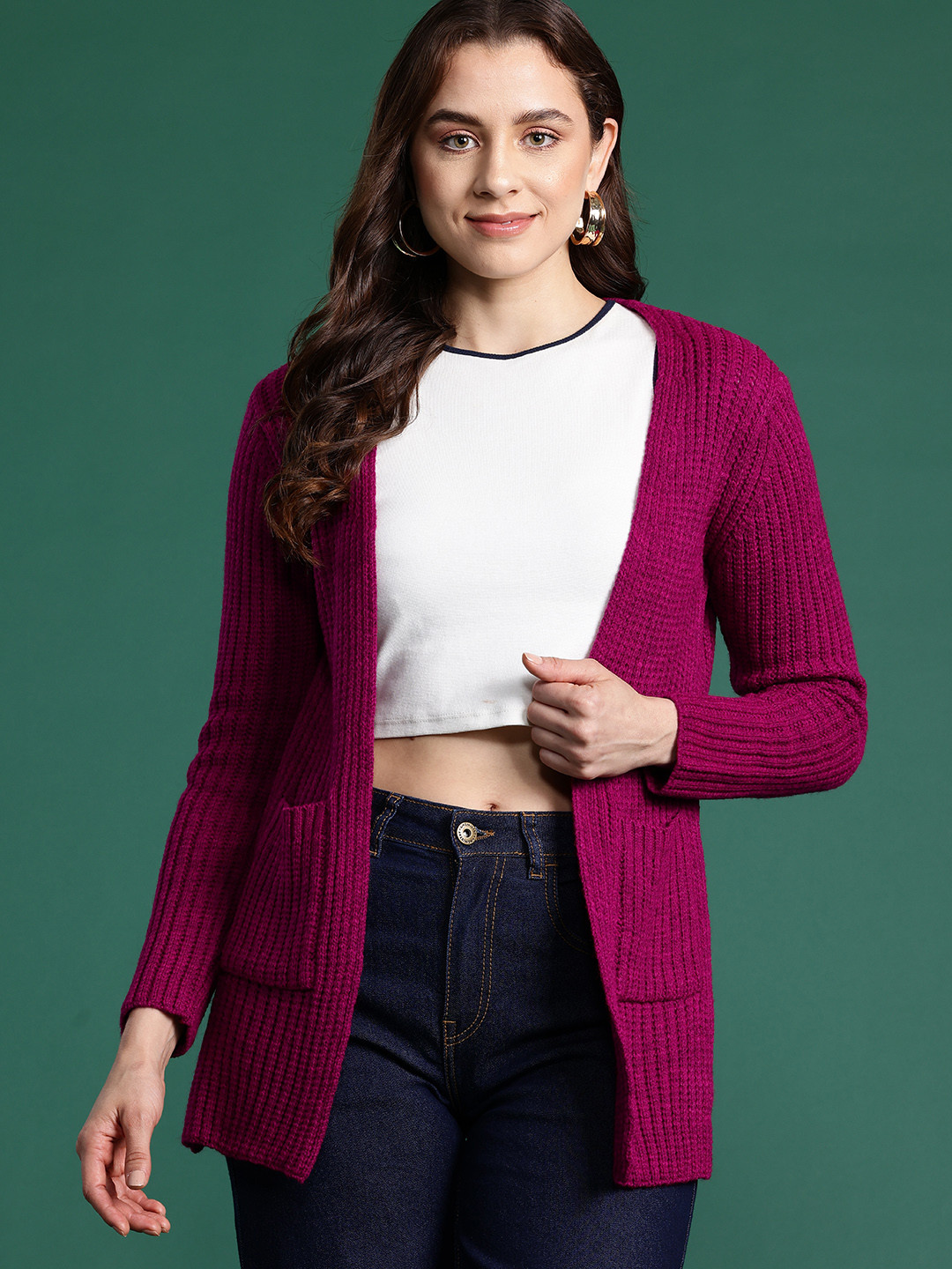 Buy DressBerry Pure Acrylic Ribbed Open Front Sweater - Sweaters for ...