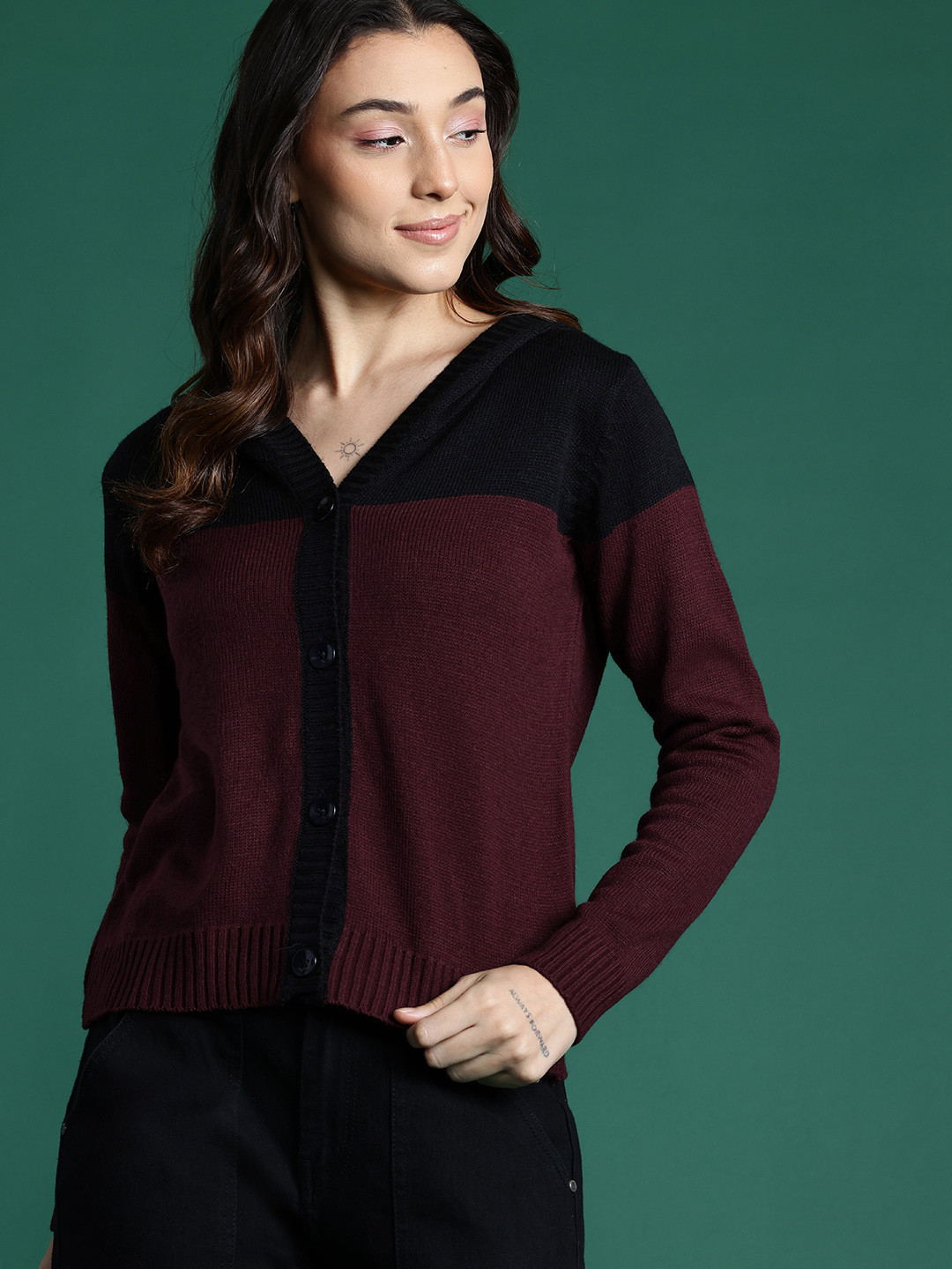 Buy DressBerry Colourblocked Hooded Front Open Sweater - Sweaters for ...