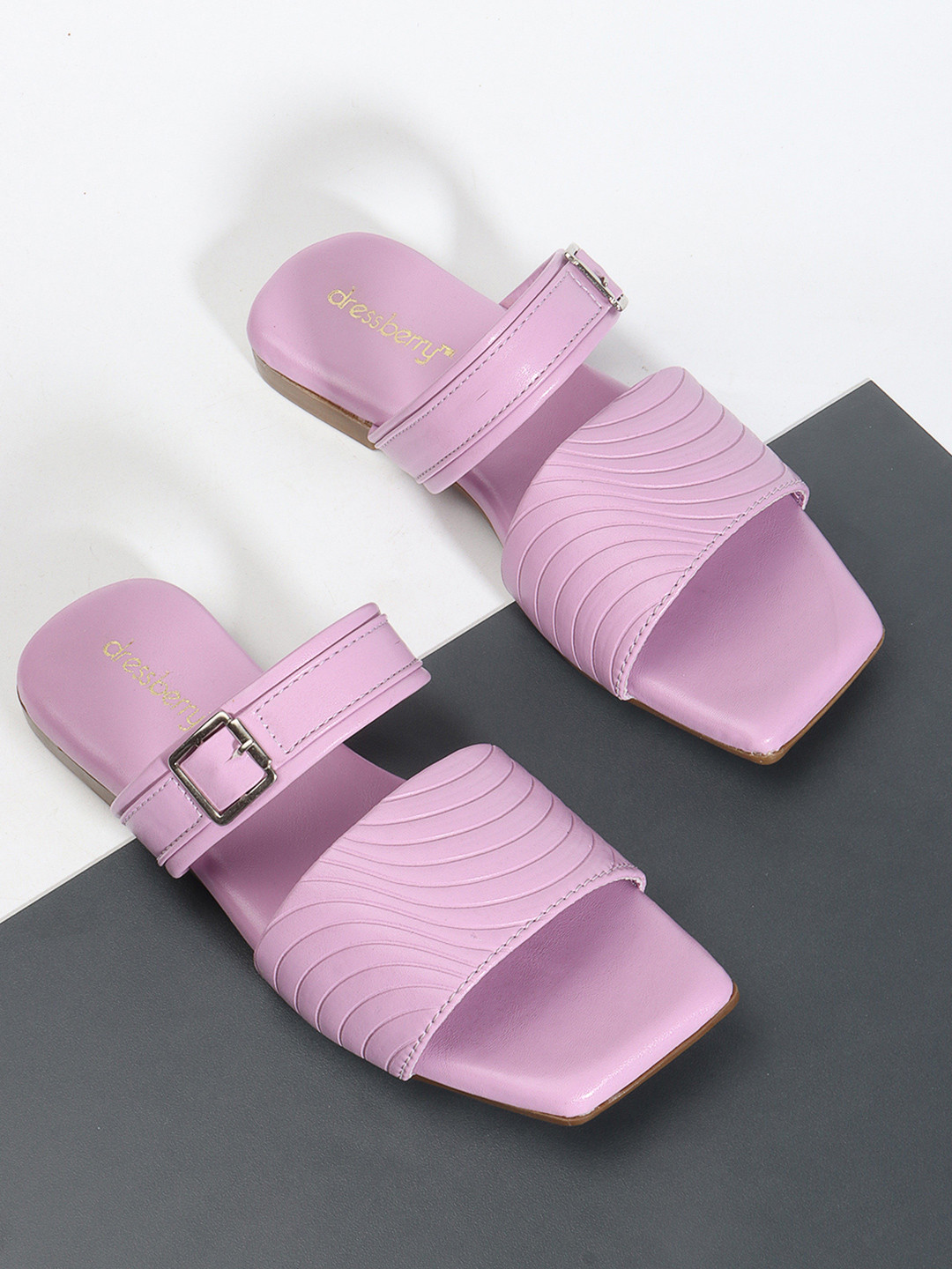 Buy DressBerry Purple Textured Buckle Detail Open Toe Flats - Flats for ...