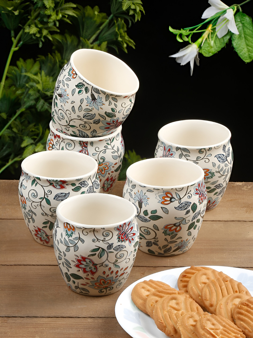 Buy Arrabi White & Blue 6 Pieces Floral Printed Ceramic Glossy Kulladhs 220 Ml Each - Cups And ...