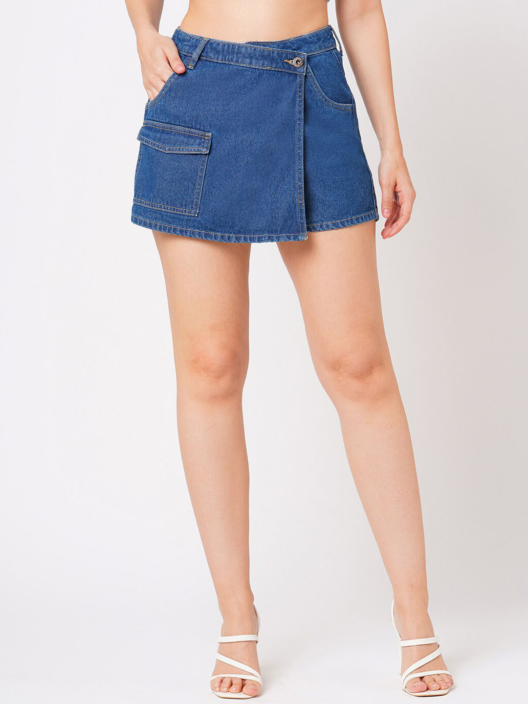 Buy Globus Slim Fit Pure Cotton Mini Denim Skorts - Skirts for Women ...