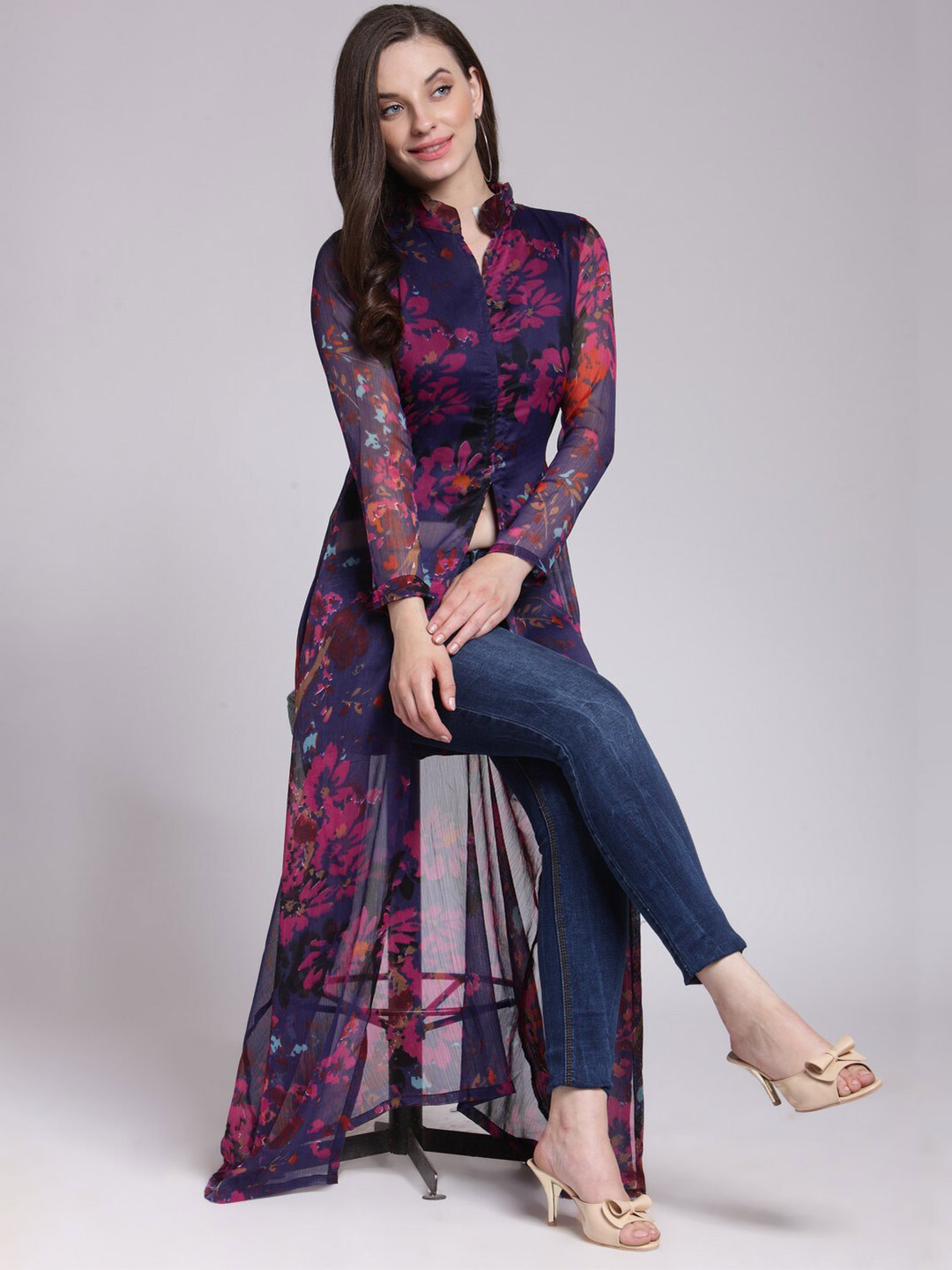 Buy BAESD Floral Printed Mandarin Collar Longline Tunic - Tunics for ...