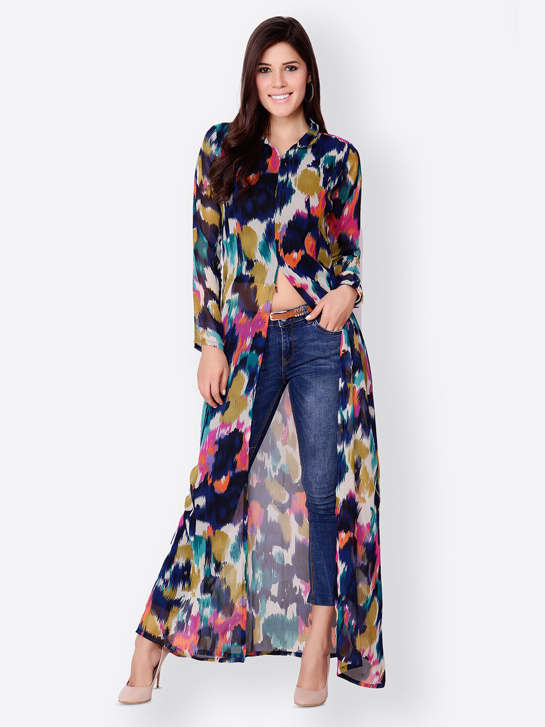 Buy BAESD Abstract Printed Shirt Collar Longline Tunic - Tunics for ...