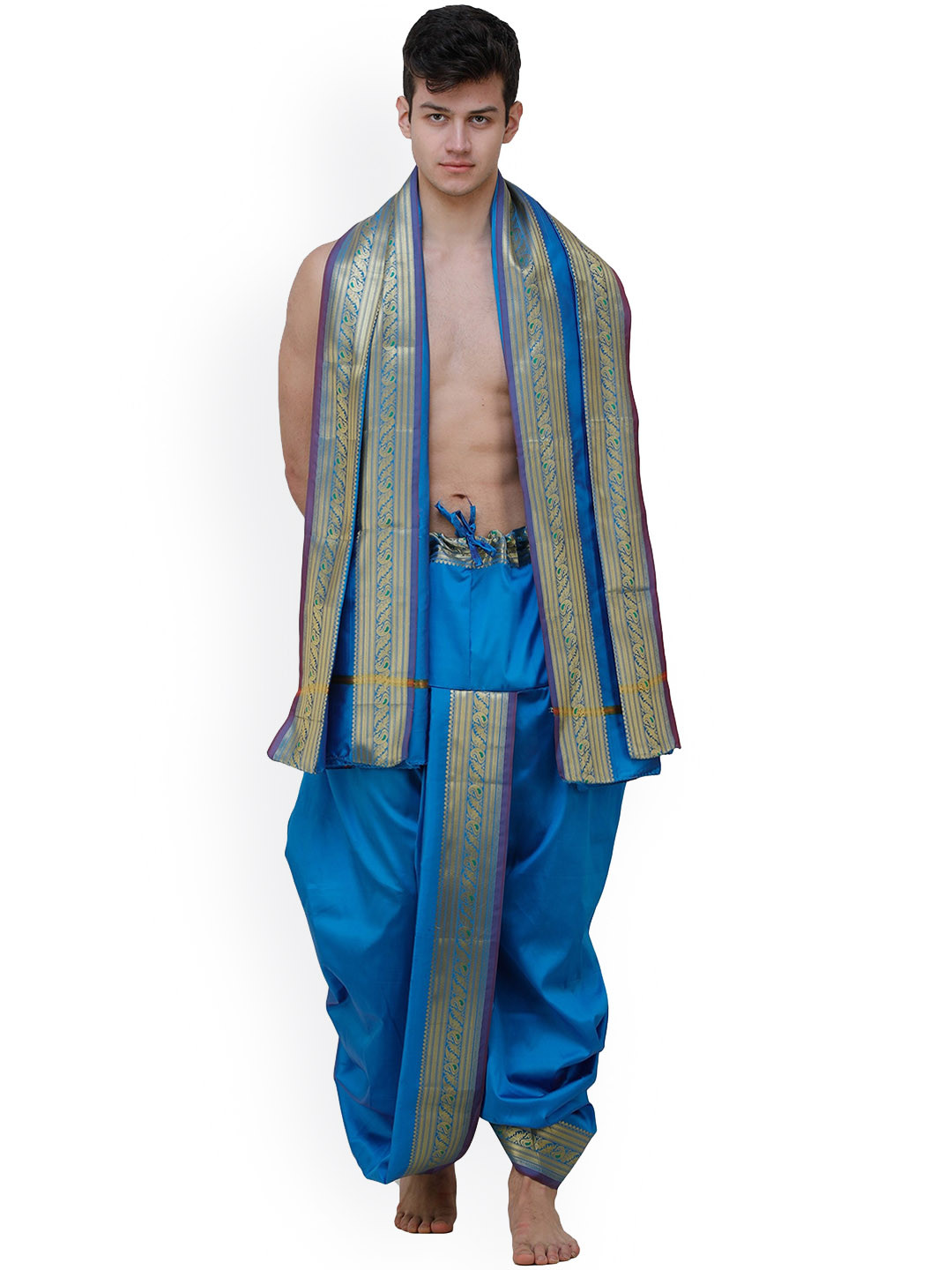Buy Exotic India Ready To Wear Dhoti With Angavastram Set And Meenakari Woven Golden Border ...