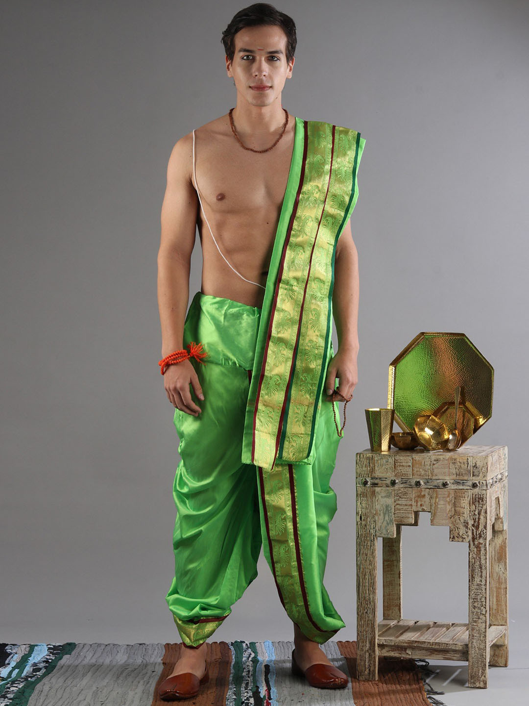 Buy Exotic India Ready To Wear Dhoti With Angavastram Set And Meenakari Woven Golden Border ...