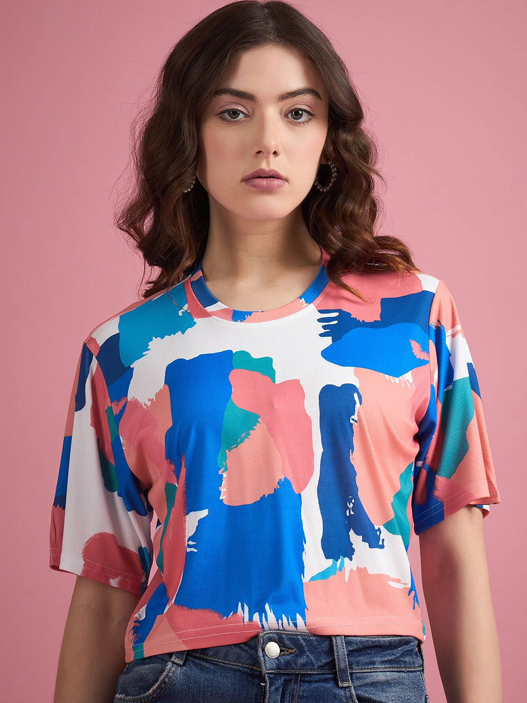 Buy DressBerry Blue Abstract Print Boxy Crop Top - Tops for Women ...