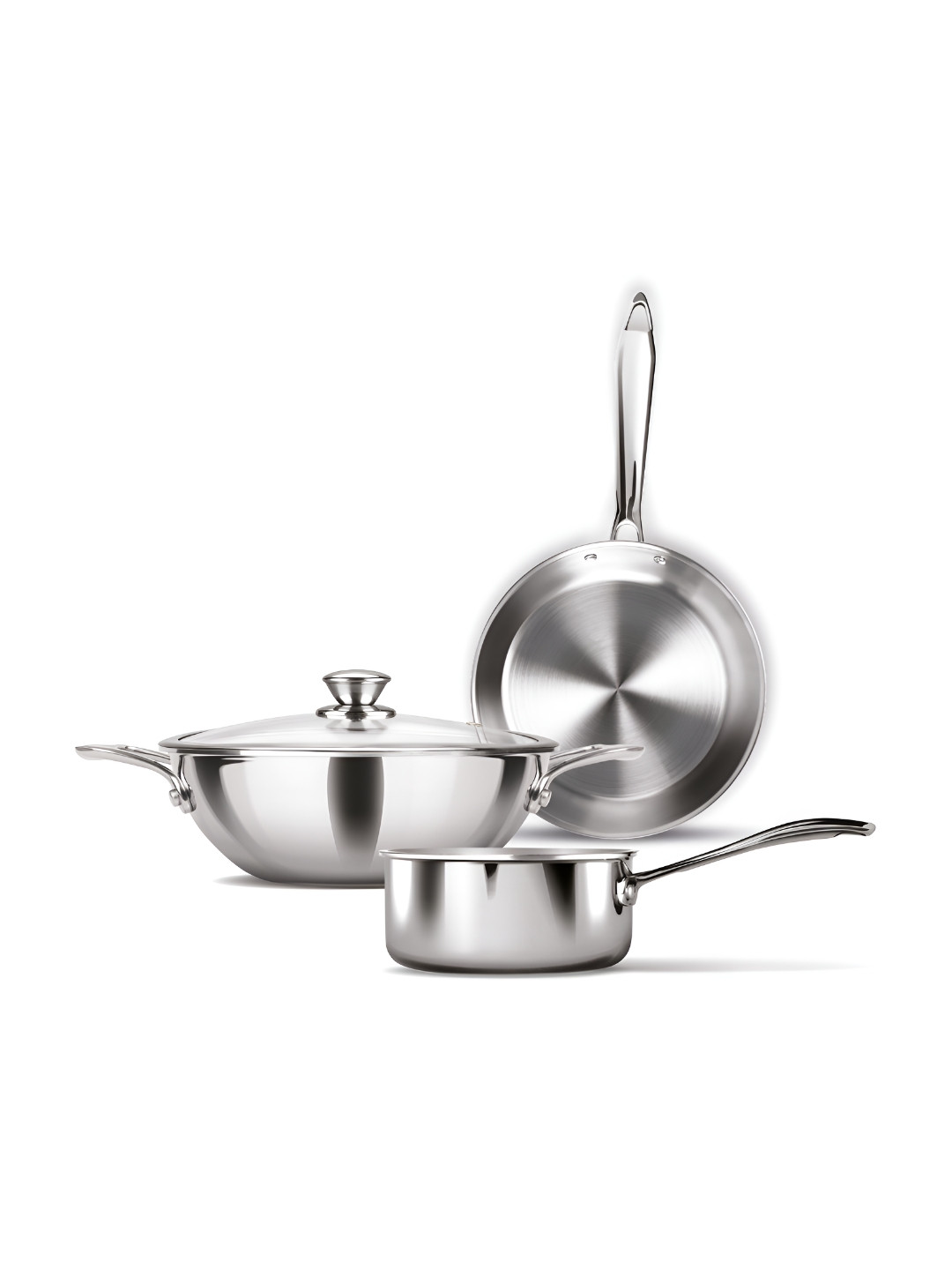 Buy Milton 3 Pieces Procook Triply Steel Sauce Pan Fry Pan Kadhai With ...