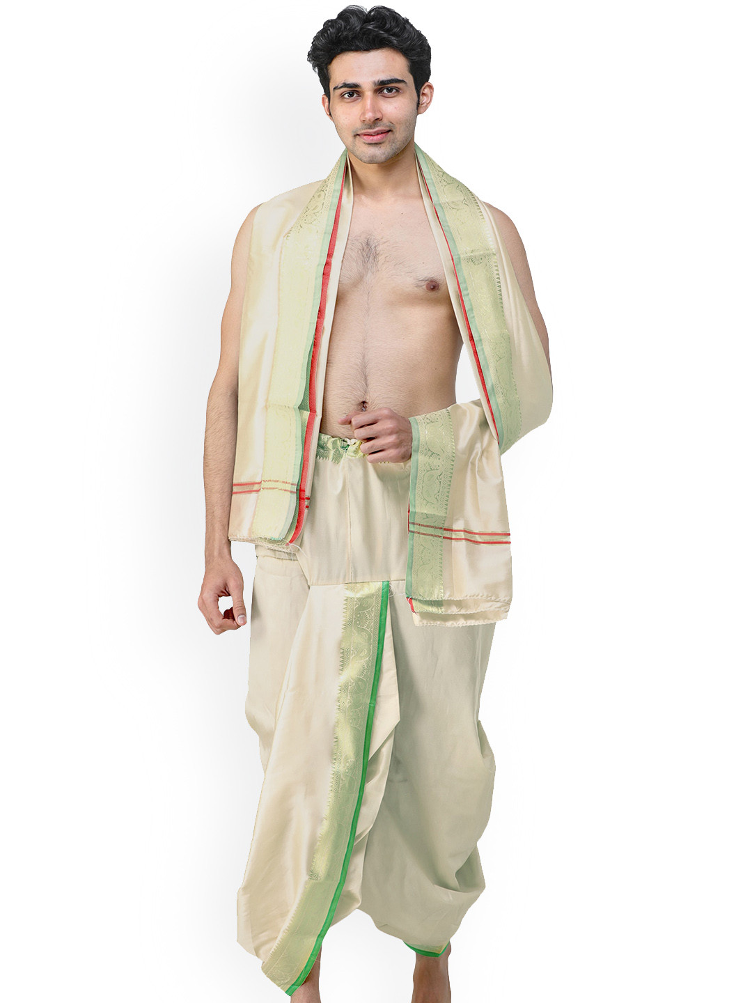 Buy Exotic India Ready To Wear Dhoti And Angavastram Set With Woven Golden Leaves Border ...