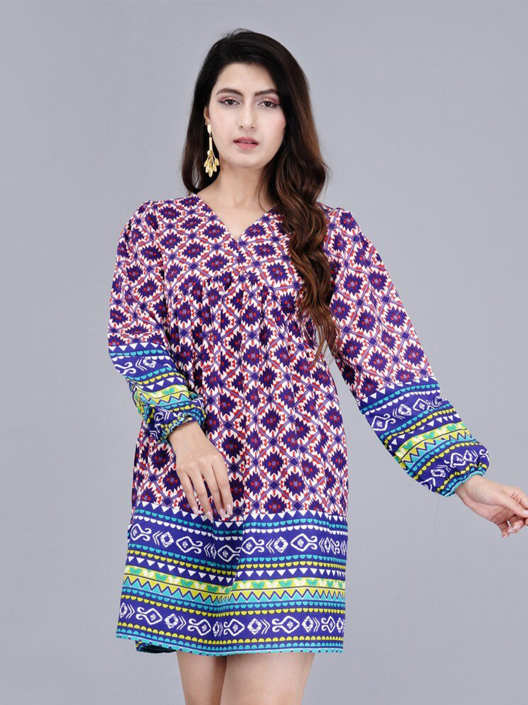 Buy MANOJAVA Ethnic Motifs Printed V Neck Three Quarter Sleeves A Line ...