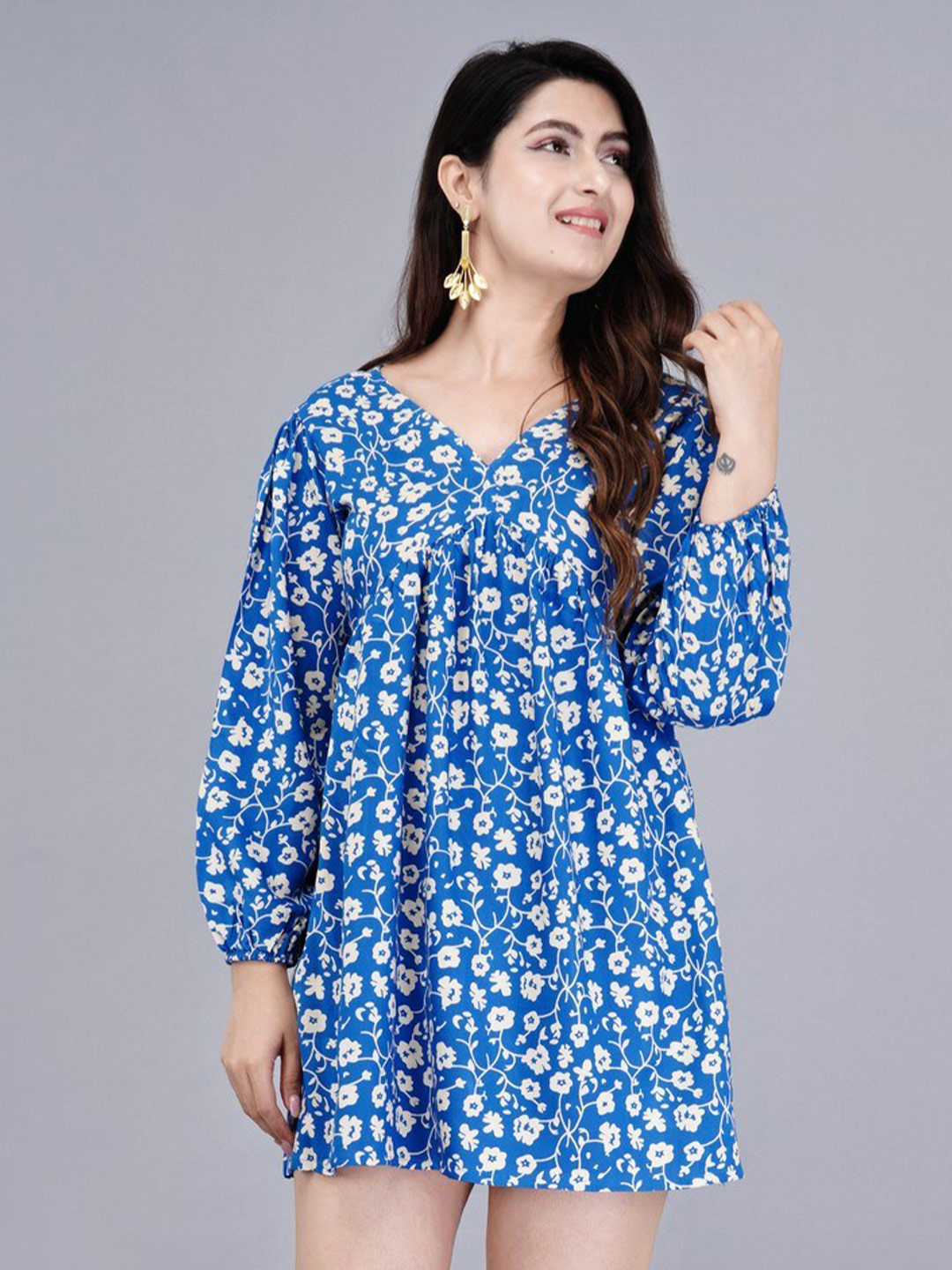 Buy MANOJAVA Floral Printed V Neck Long Sleeves Dress - Dresses for ...