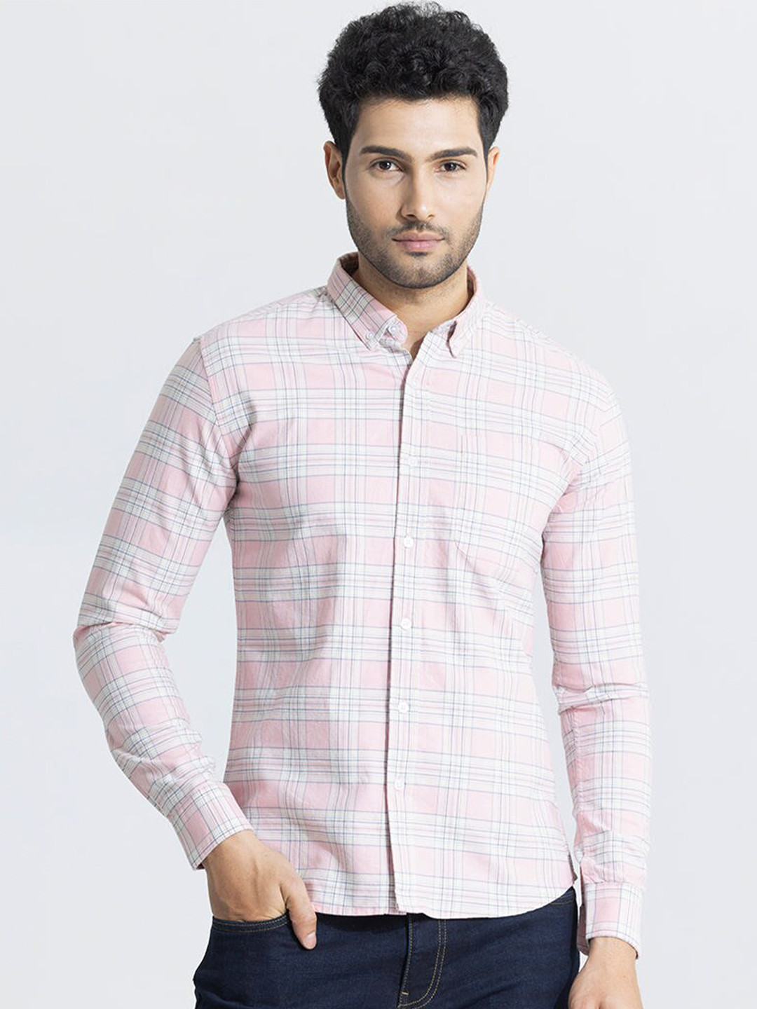 Buy Snitch Pink Classic Slim Fit Tartan Checked Button Down Collar ...