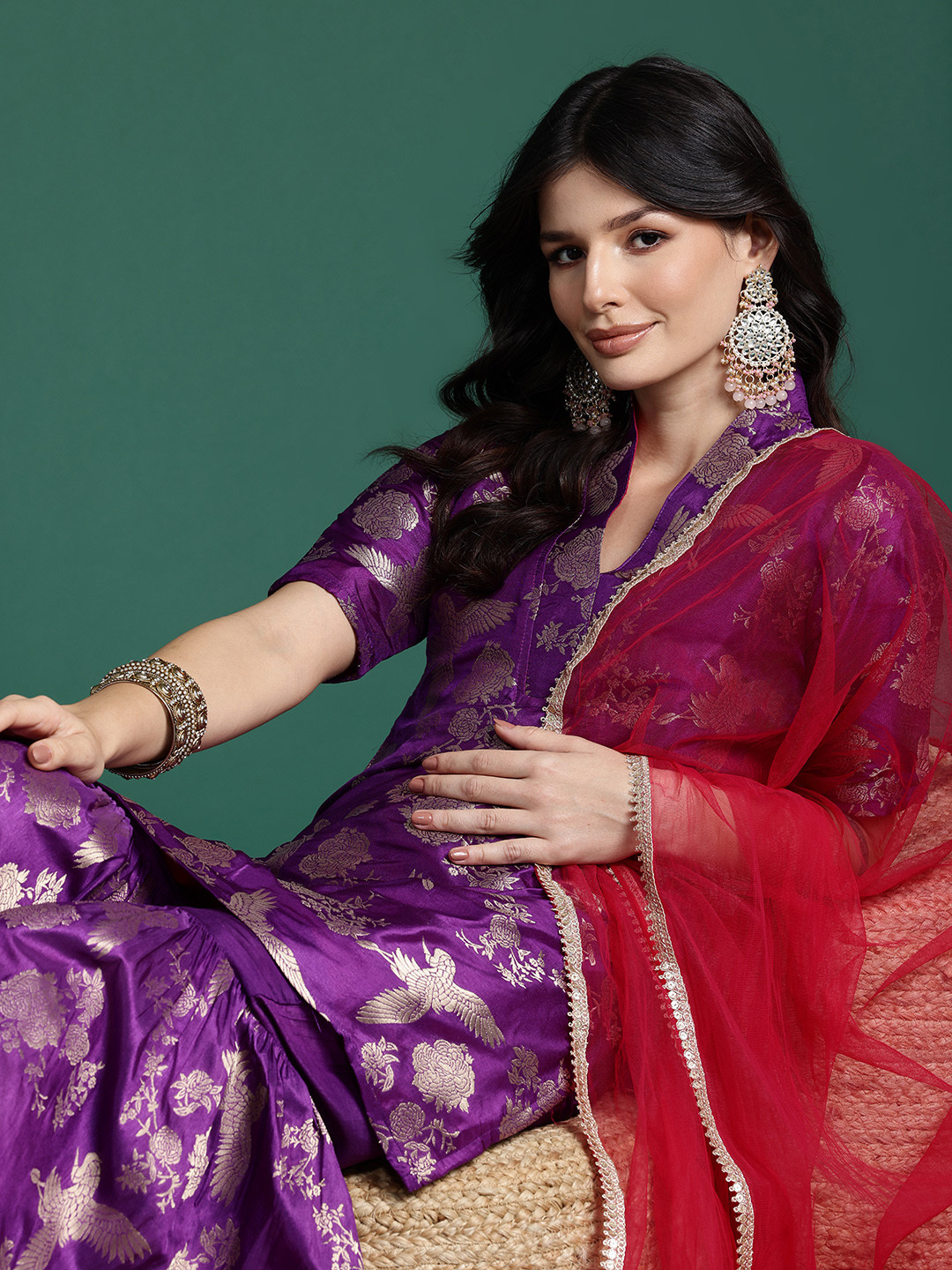 Buy Sangria Ethnic Motifs Brocade Printed Kurti With Sharara & With Dupatta - Kurta Sets for ...