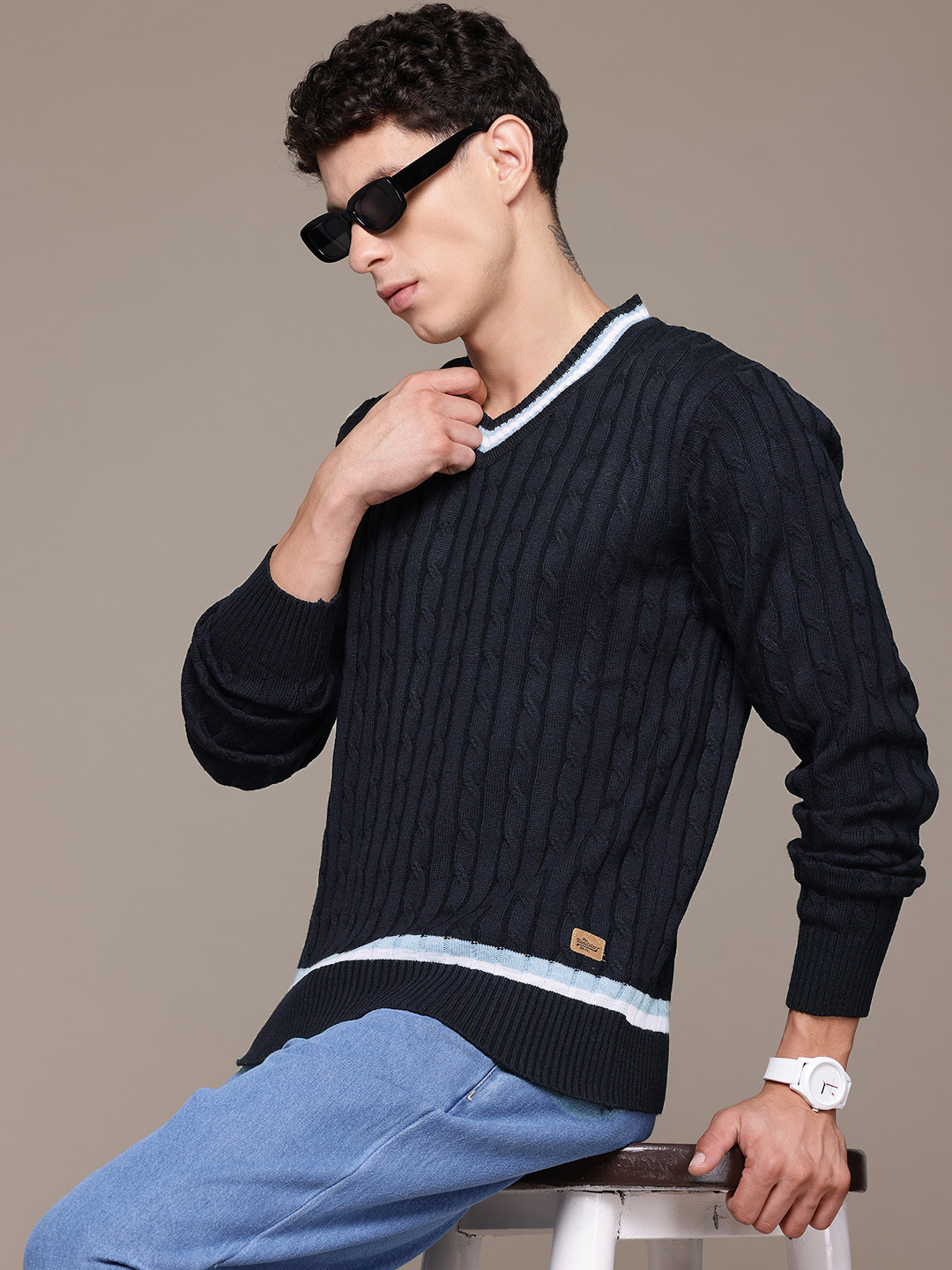 Buy The Roadster Lifestyle Co. Cable Knit V Neck Pullover - Sweaters ...
