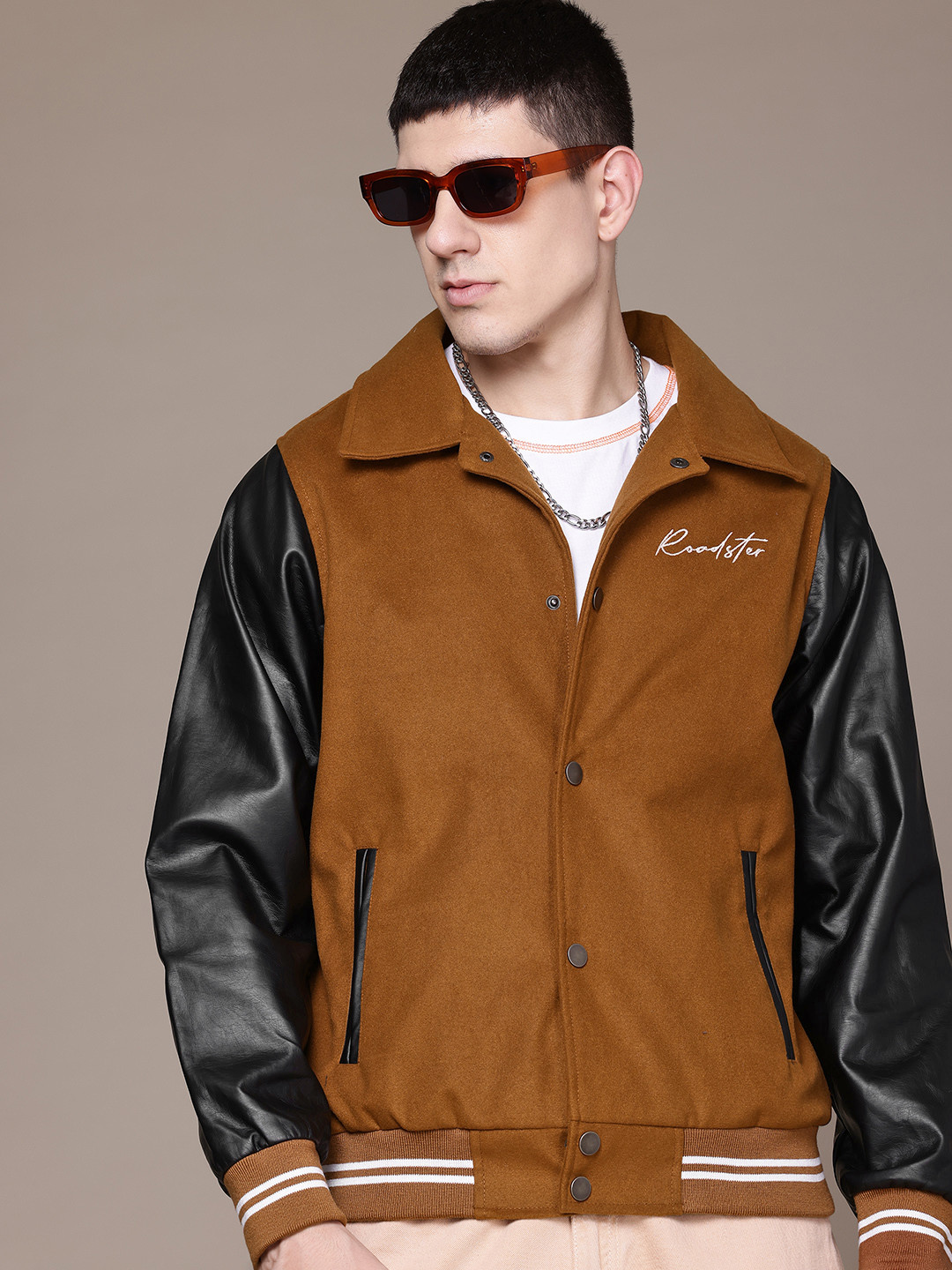 Buy Roadster Colourblocked Faux Suede & Leatherette Varsity Style ...