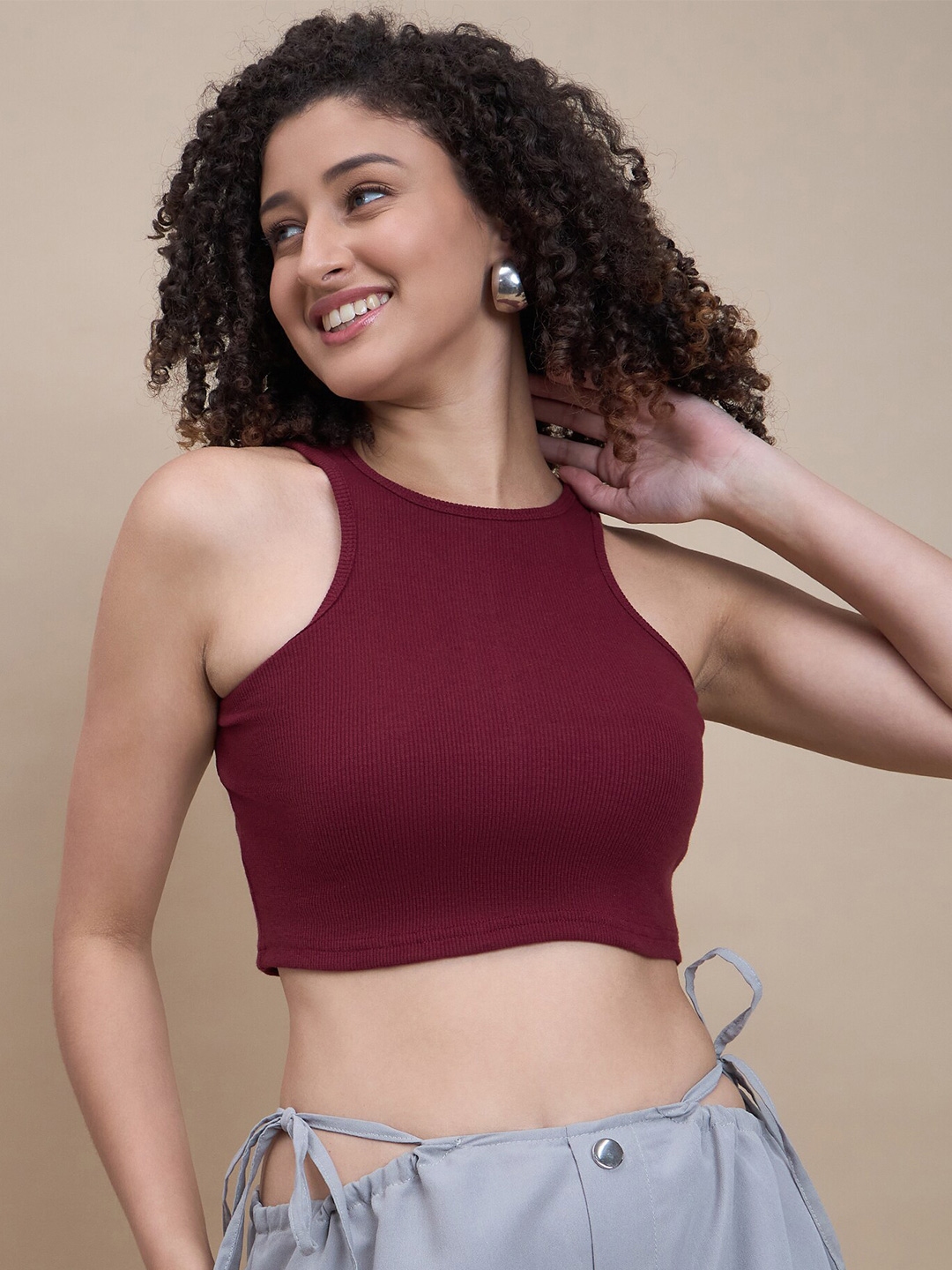 Buy The Roadster Lifestyle Co Maroon Round Neck Crop Tank Casual Top Tops For Women 29152936
