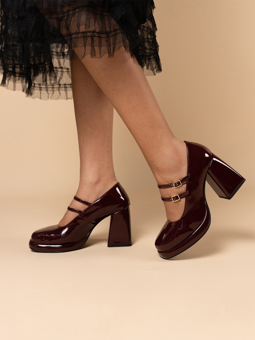 Buy Theater Women Freddie Hot Space Maroon Double Strap Platform Heels ...