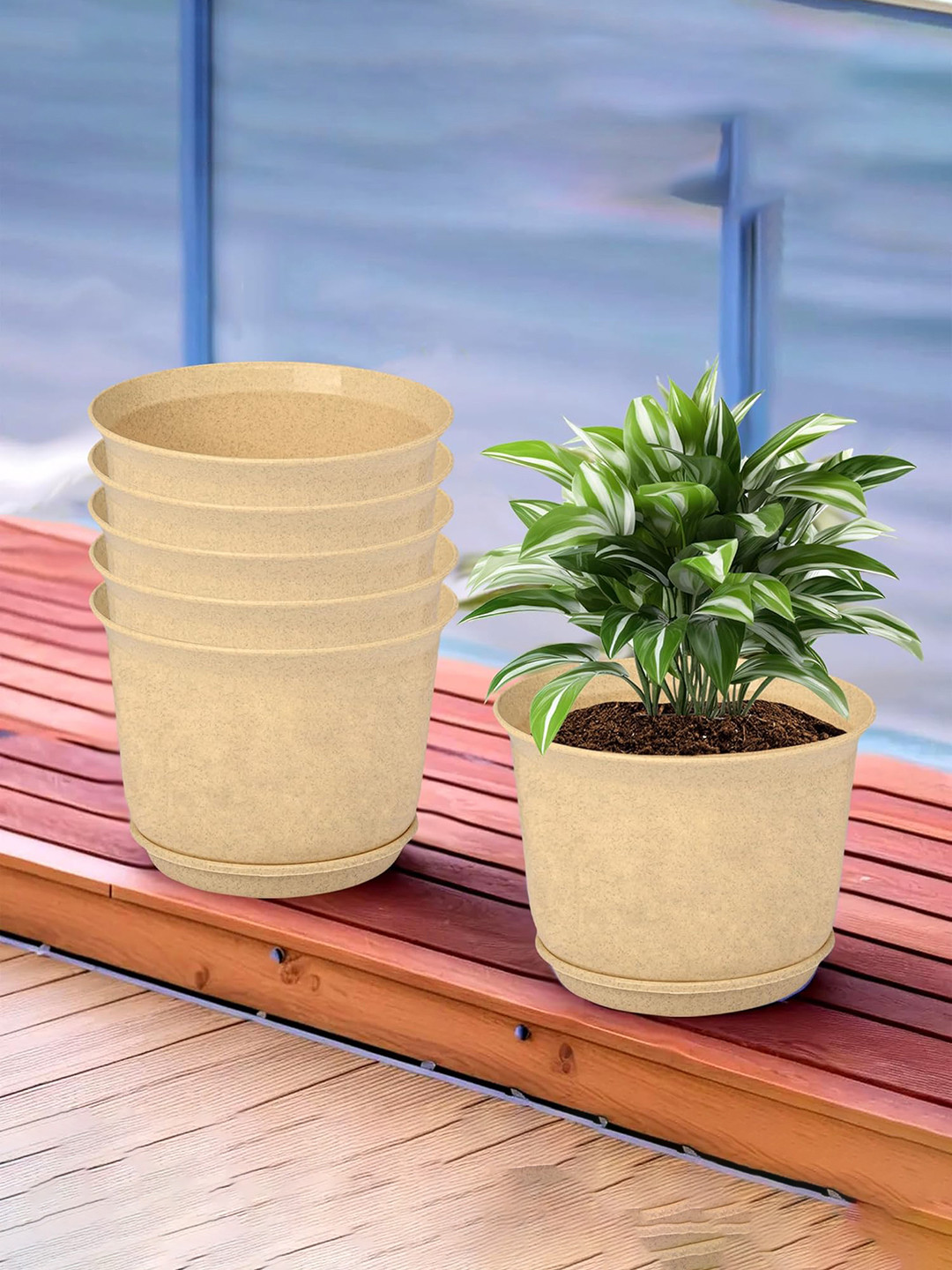 Buy Kuber Industries Beige 6 Pieces Marble Finish Planters With Tray ...
