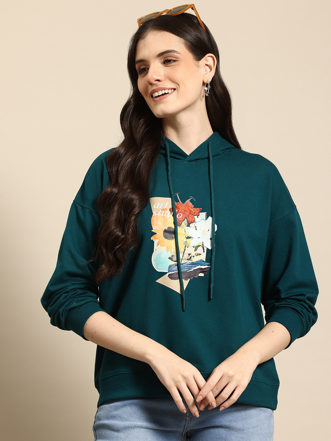 Buy Mast & Harbour Printed Hooded Sweatshirt - Sweatshirts for Women ...