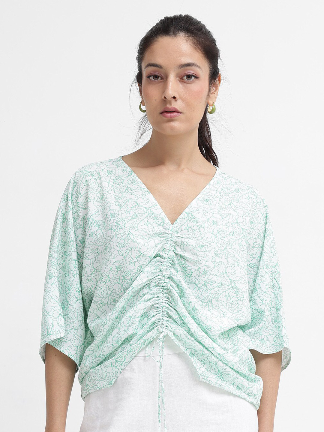 Buy RAREISM Floral Printed V Neck Ruched Cotton Top - Tops for Women ...