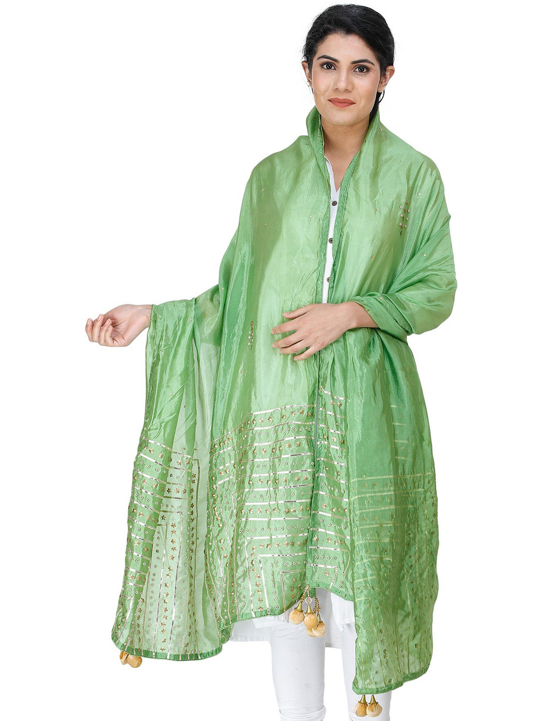 Buy Exotic India Parrot Green Silk Dupatta With Gota Patti, Floral ...