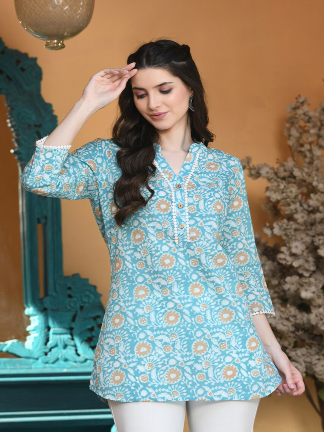 Buy DECKEDUP Mandarin Collar Printed Cotton Tunic - Tunics for Women ...