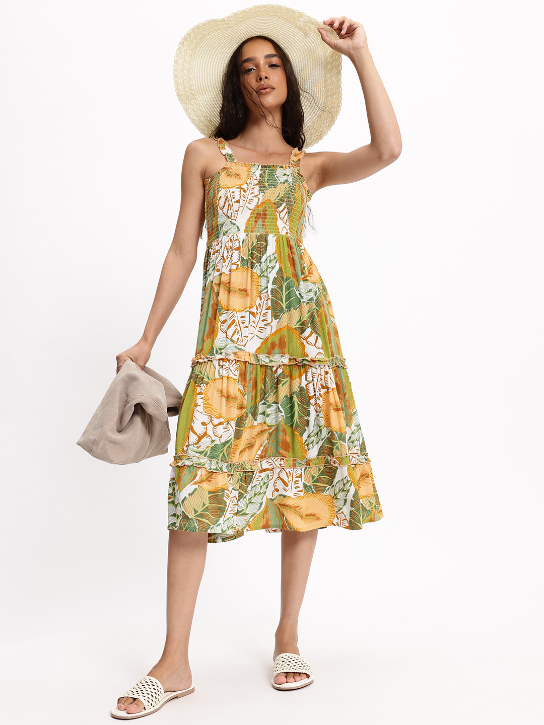 Buy DressBerry Tropical Troop Smocked Tiered Temptation Midi Sundress ...