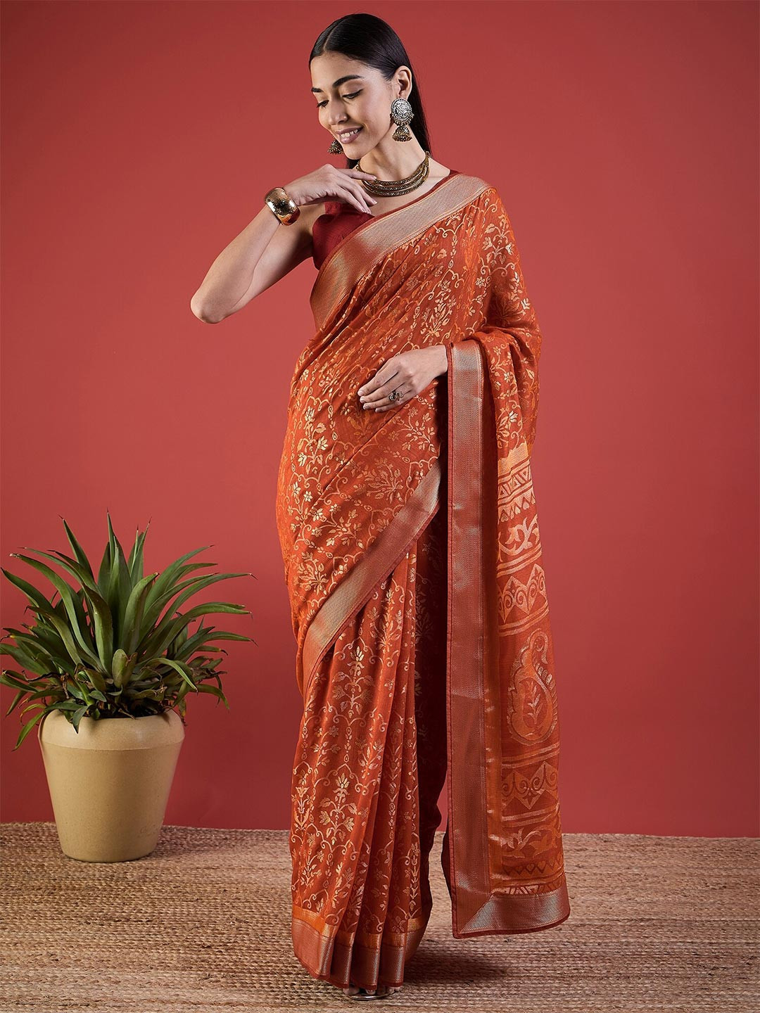 Buy Anouk Orange Floral Printed Zari Brasso Saree - Sarees for Women ...