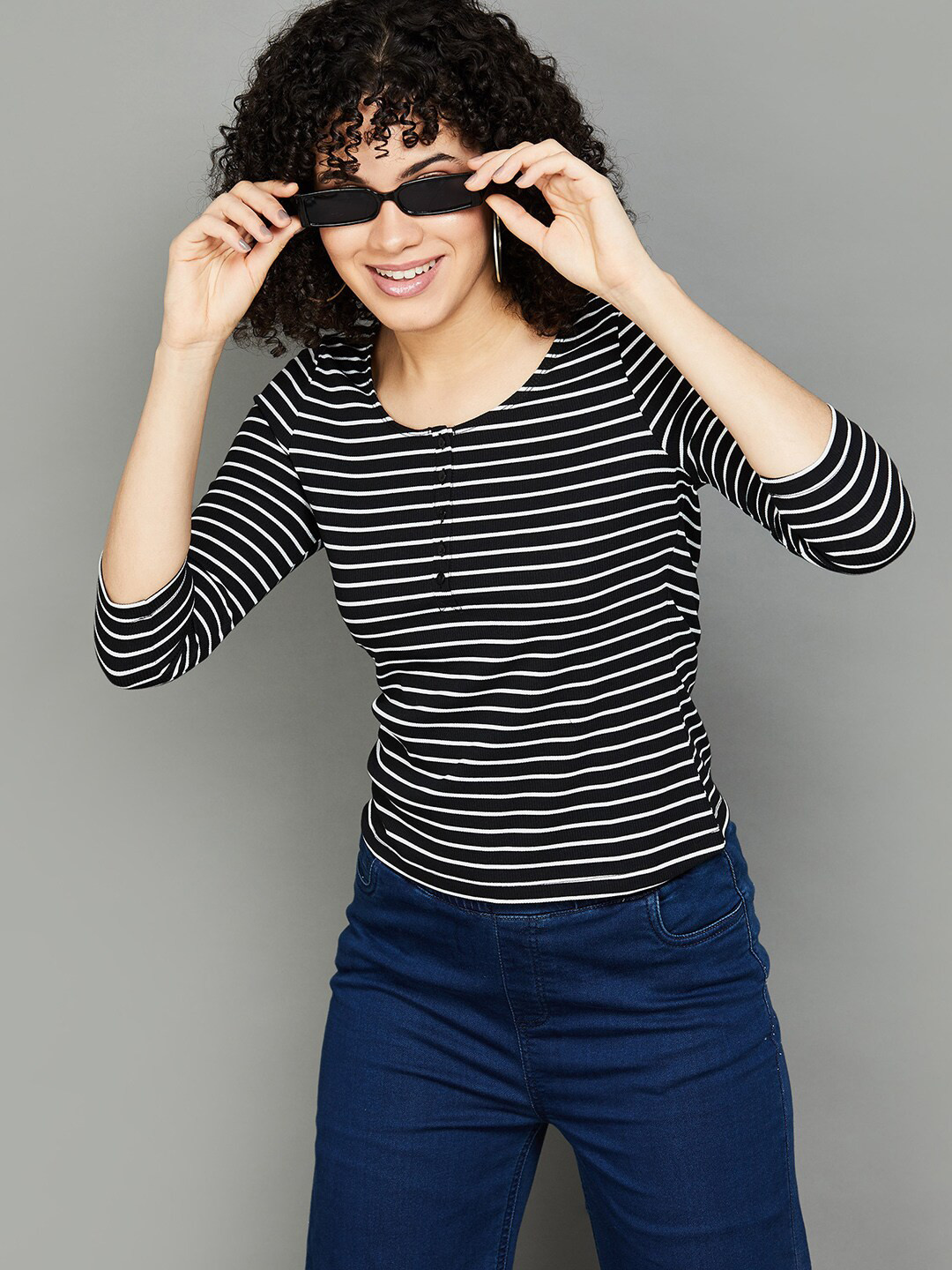 Buy Fame Forever By Lifestyle Horizontal Striped Monochrome Fitted Top ...