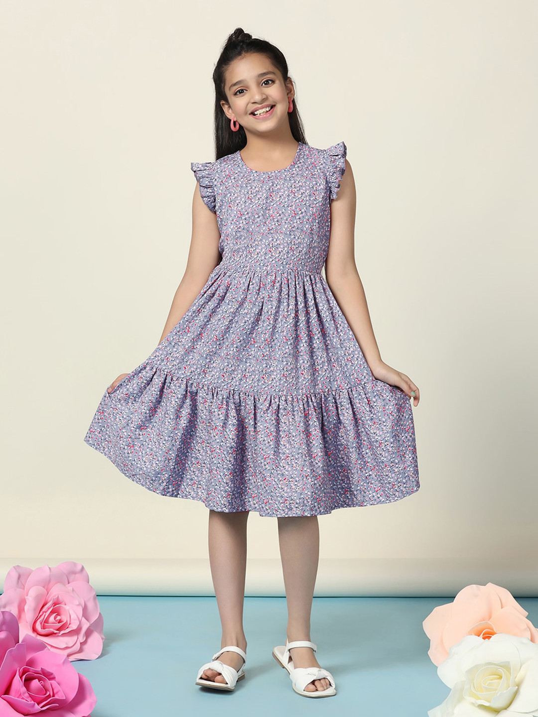 Buy BAESD Girls Floral Print Flutter Sleeve Fit & Flare Casual Dress ...