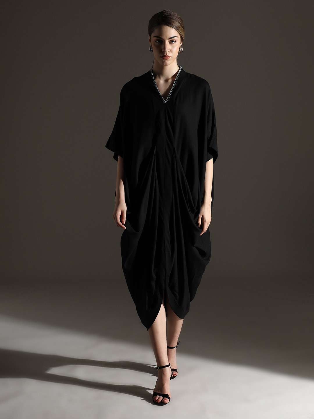 Buy Dora Dori Relaxed Fit Solid V Neck Hand Work Cowl Dress With Hand ...