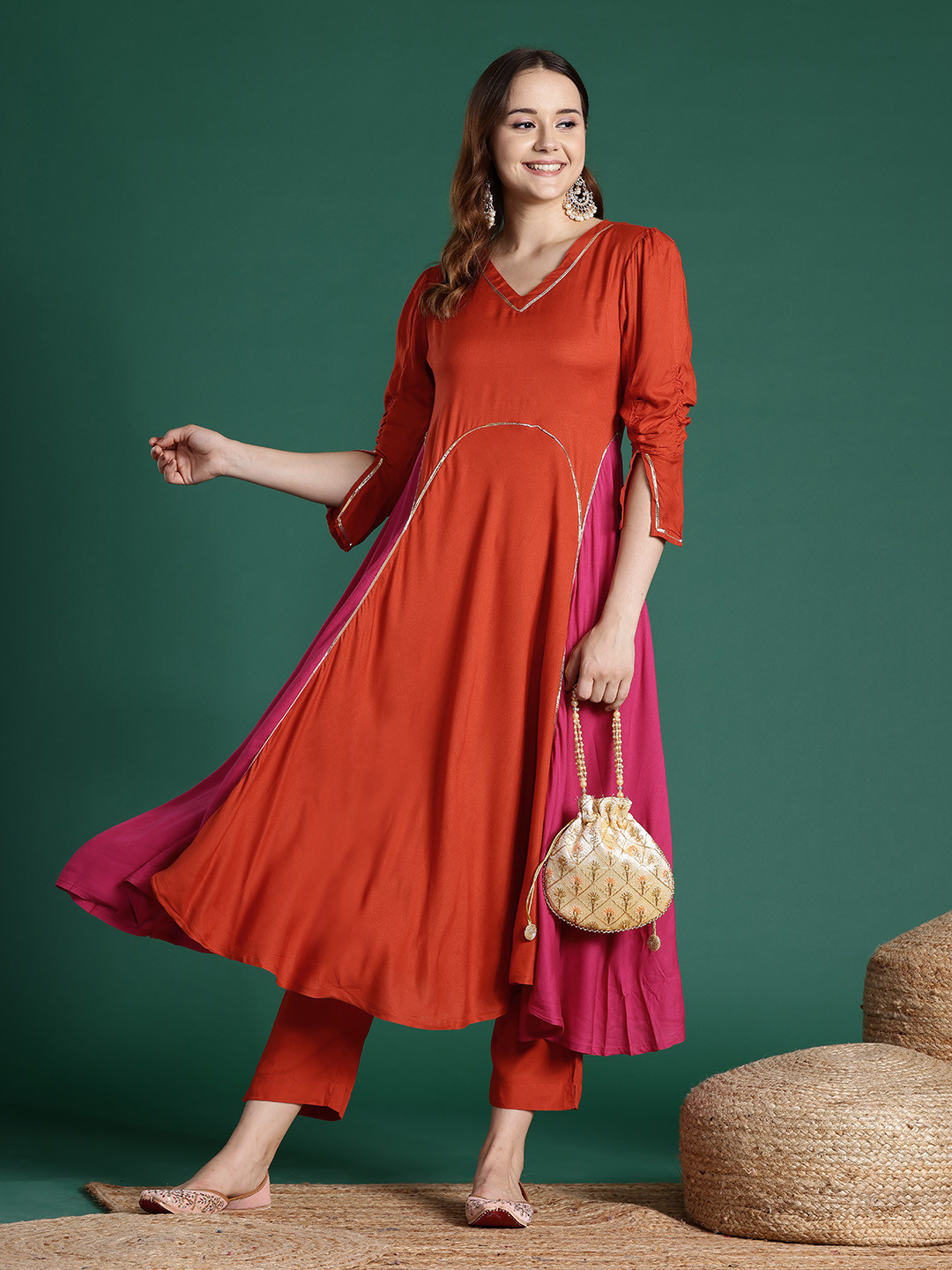 Buy Sangria Colourblock Pleated Kurta With Trousers - Kurta Sets for ...