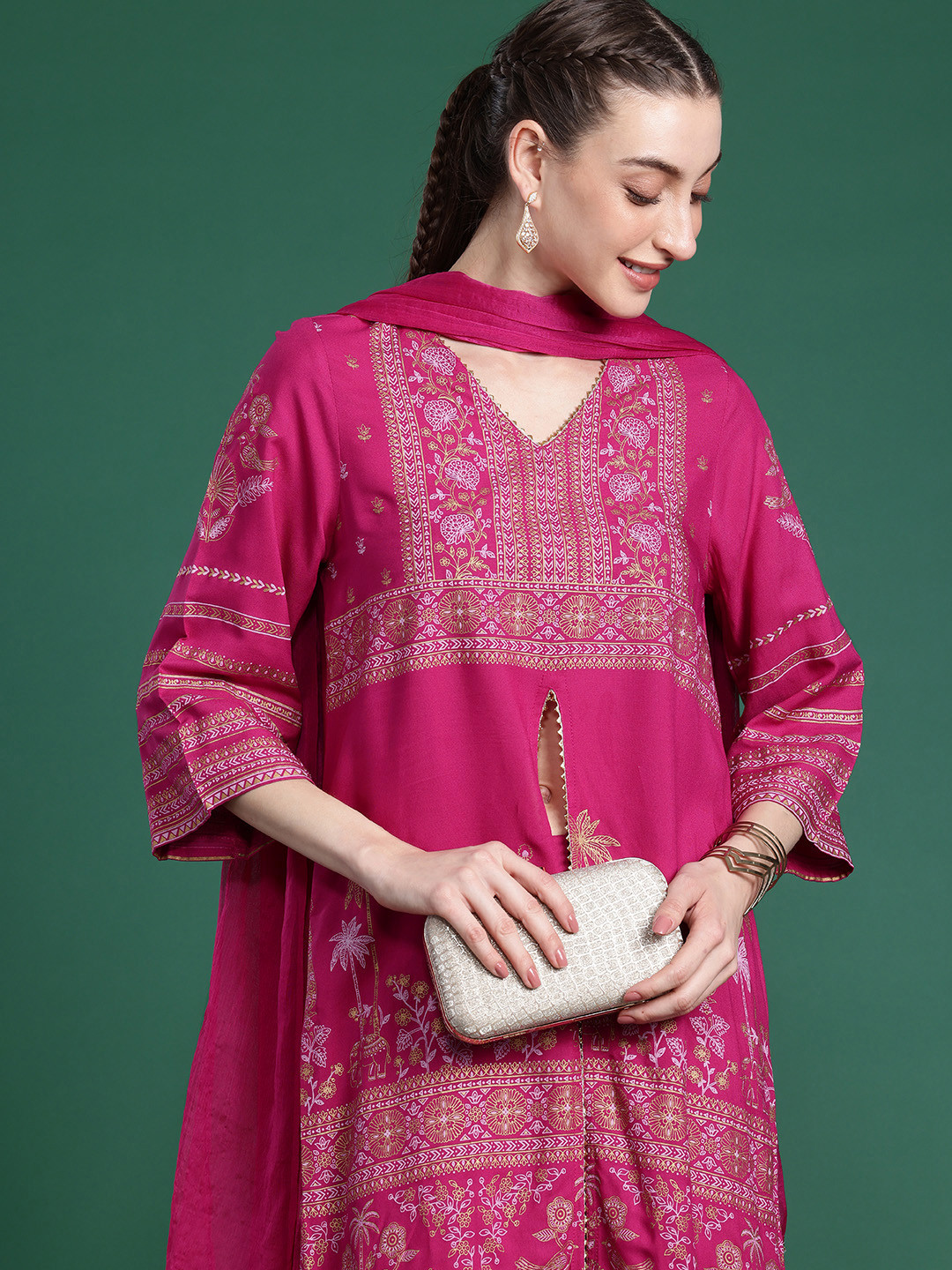 Buy Sangria Floral Printed Regular V Neck Gotta Patti A Line Kurta With Palazzos & Dupatta ...