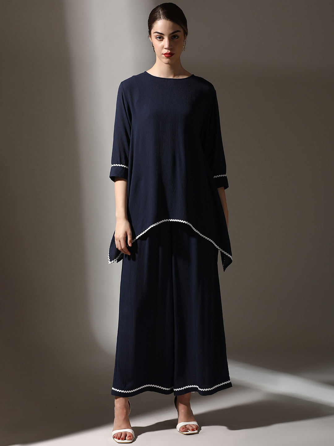 Buy Dora Dori Rayon Navy Blue Top With White Lace Accents And Palazzo ...